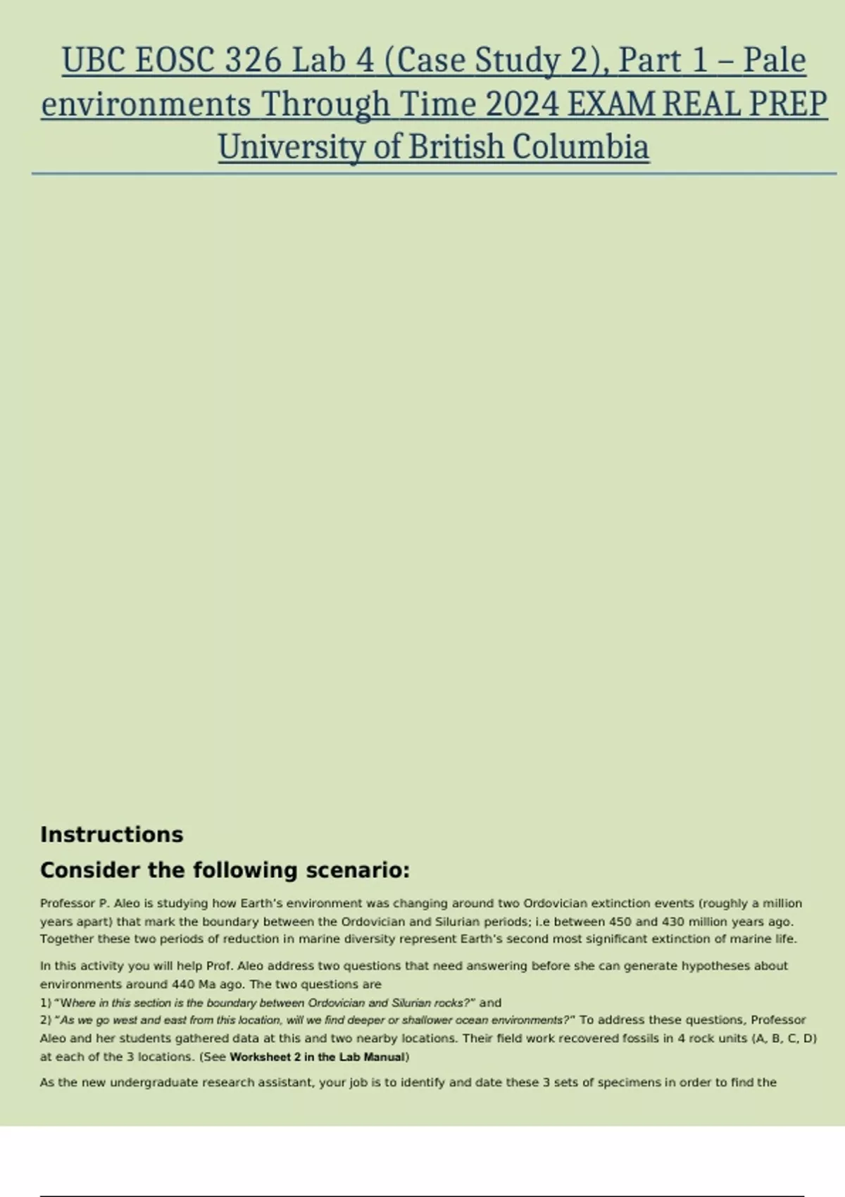 UBC EOSC 326 Lab 4 |Case Study 2|Part 1 – Pale environments |Through Time 2024 EXAM REAL PREP ...