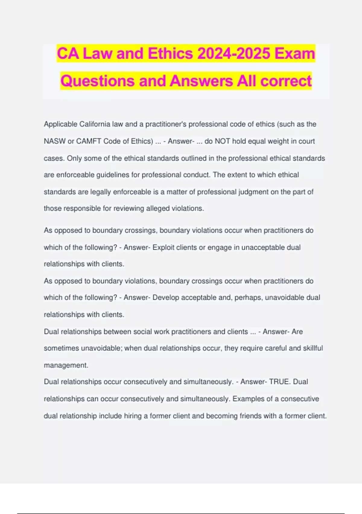 CA Law and Ethics Exam Questions and Answers All correct - CA Law ...