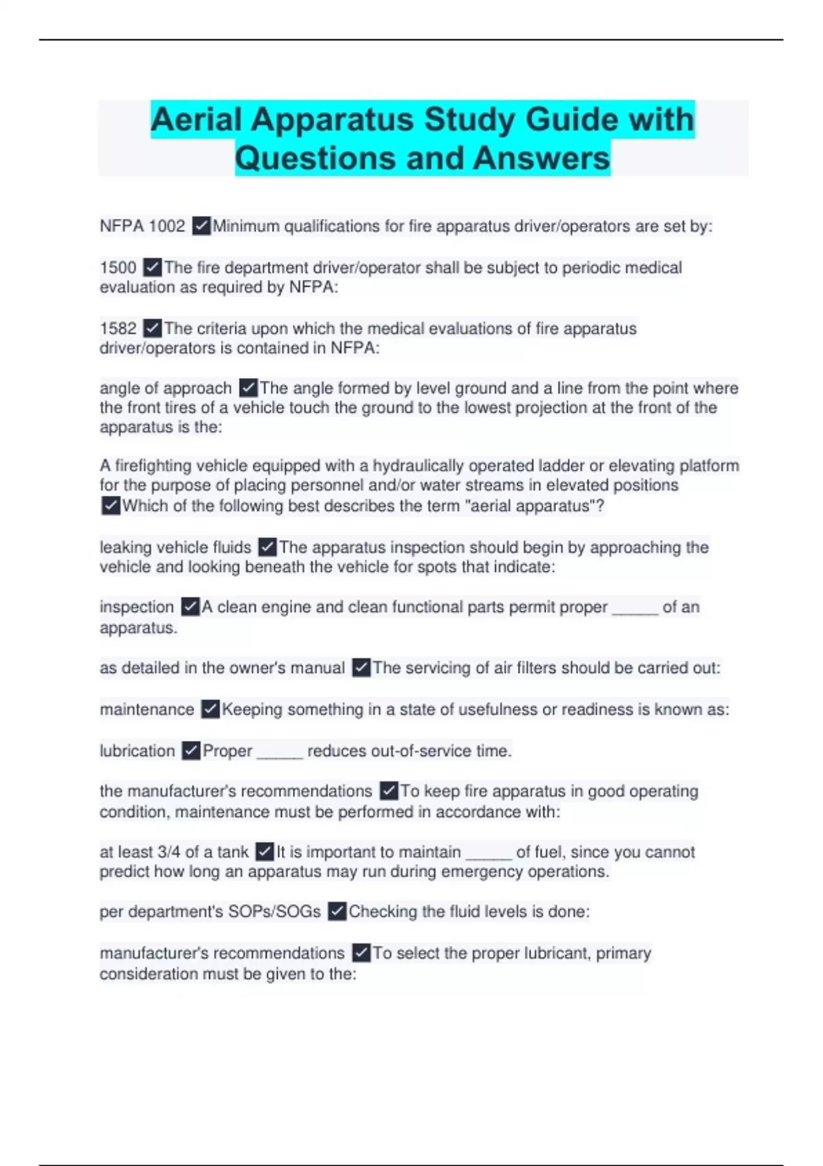 Aerial Apparatus Study Guide with Questions and Answers - TCFP Driver ...