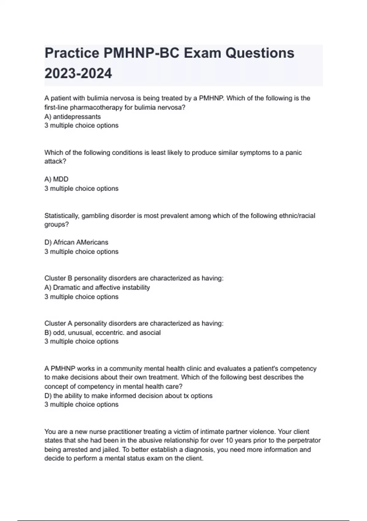 Practice PMHNP-BC Exam Questions - BC-PMH Nursing - Stuvia US