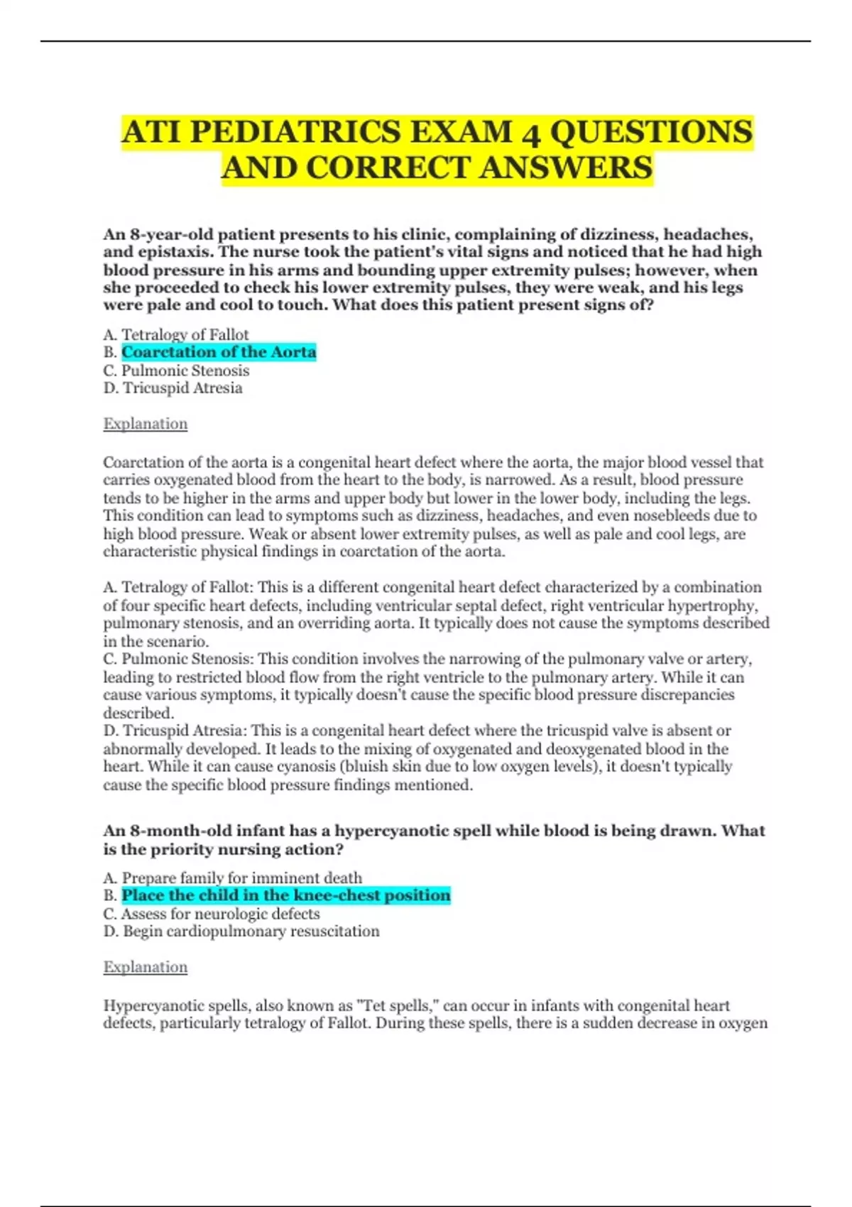 ATI PEDIATRICS EXAM 4 QUESTIONS AND CORRECT ANSWERS - ATI PEDIATRICS ...