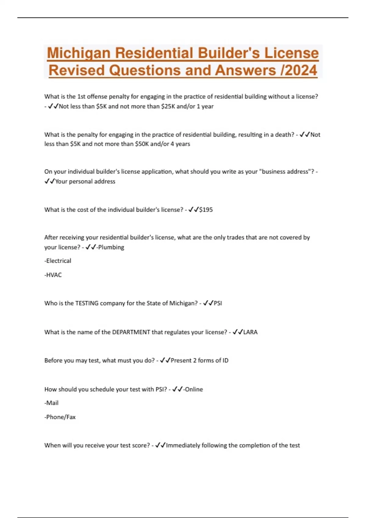 Michigan Residential Builder's License Revised Questions and Answers ...