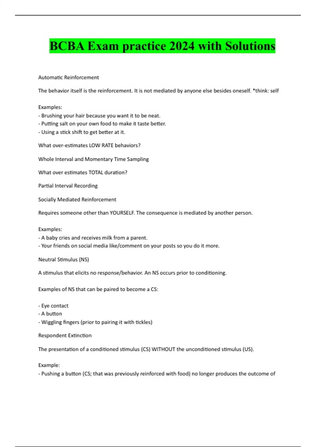 BCBA Exam practice 2024 with Solutions - BCBA - Stuvia US