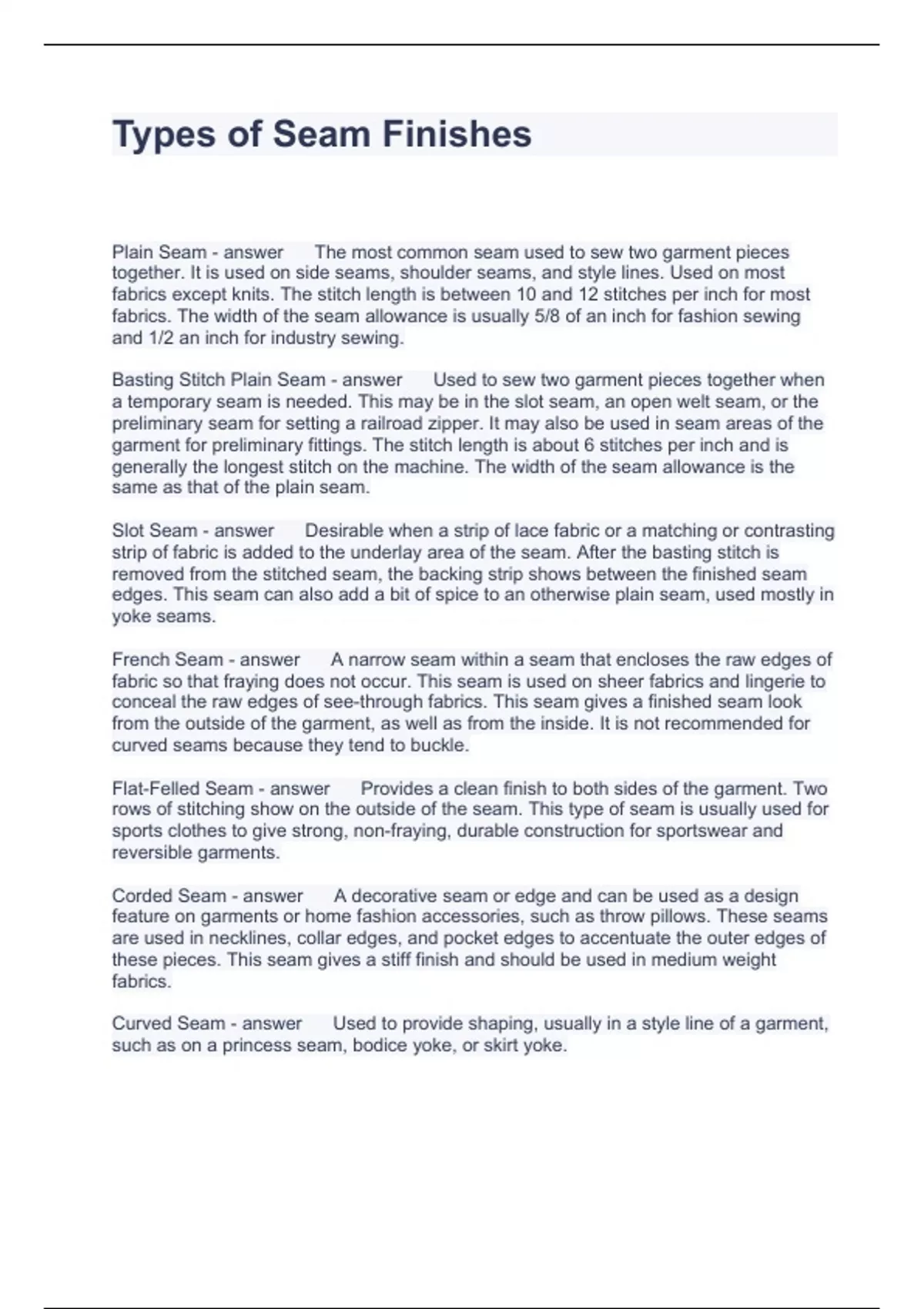 Types of Seam Finishes Questions and Answers 100% correct - Seams ...