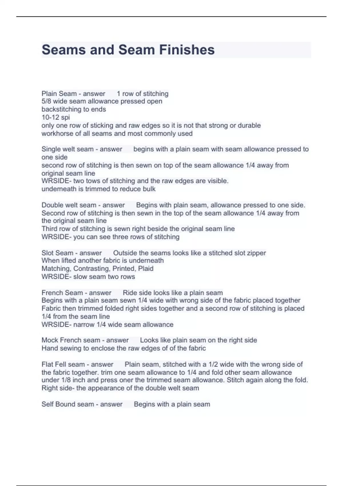 Seams and Seam Finishes Questions and Answers 2024 - Seams - Stuvia US