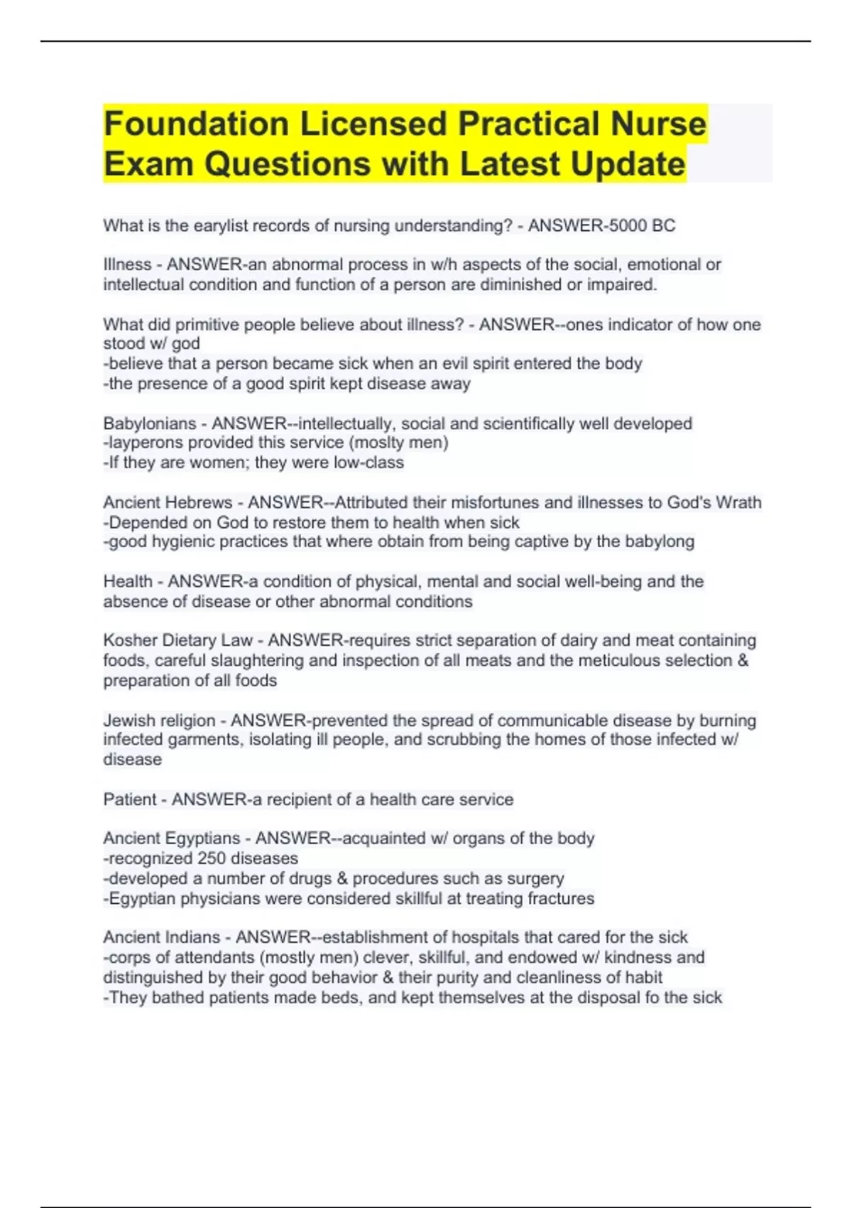 Foundation Licensed Practical Nurse Exam Questions with Latest Update ...