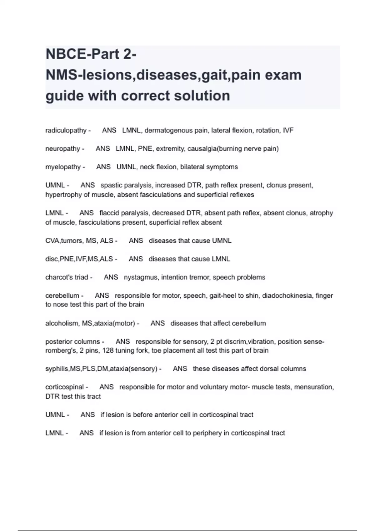 NBCE-Part 2- NMS-lesions,diseases,gait,pain exam guide with correct ...
