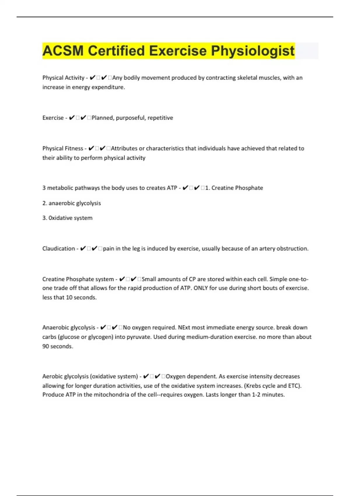 ACSM Certified Exercise Physiologist|284 Test Review (Comprehension ...