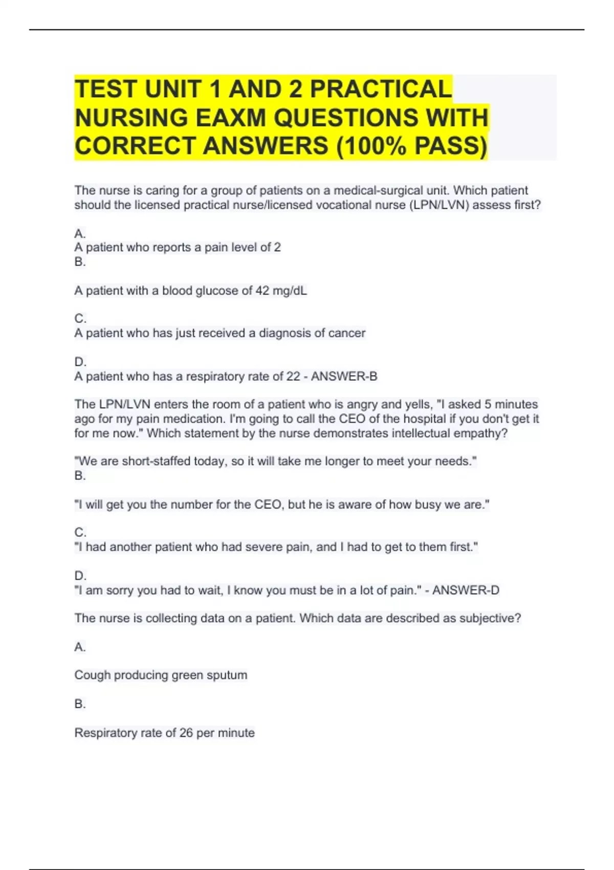 TEST UNIT 1 AND 2 PRACTICAL NURSING EAXM QUESTIONS WITH CORRECT ANSWERS ...