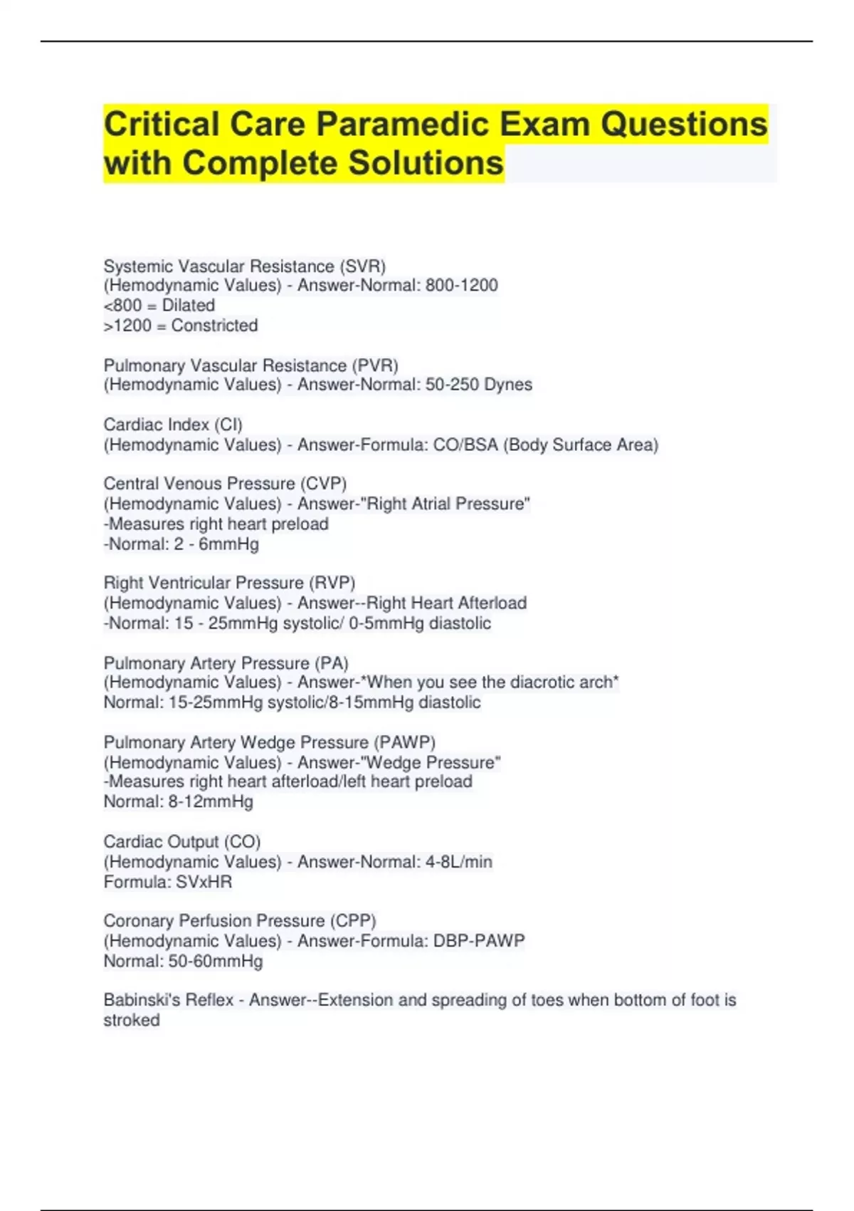 Critical Care Paramedic Exam Questions with Complete Solutions ...