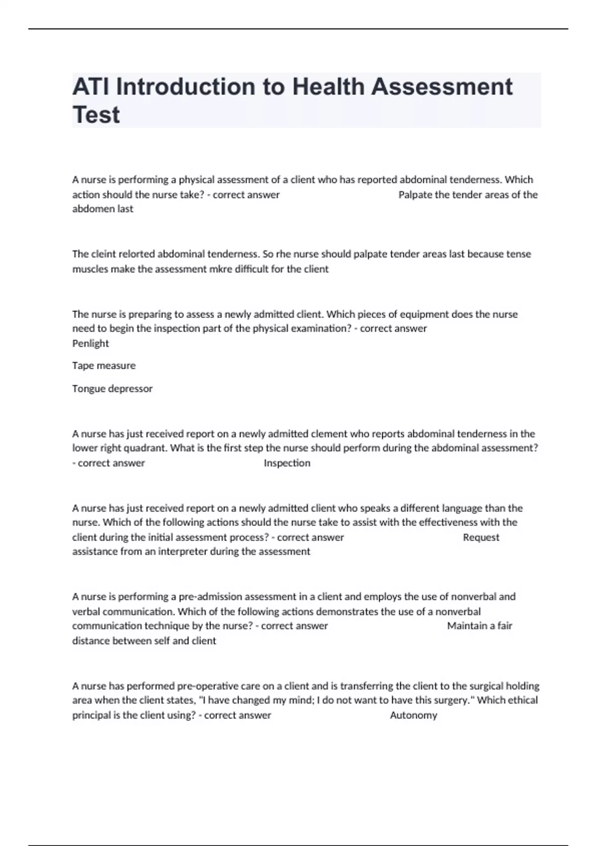 ATI Introduction to Health Assessment Test Questions And Answers All ...