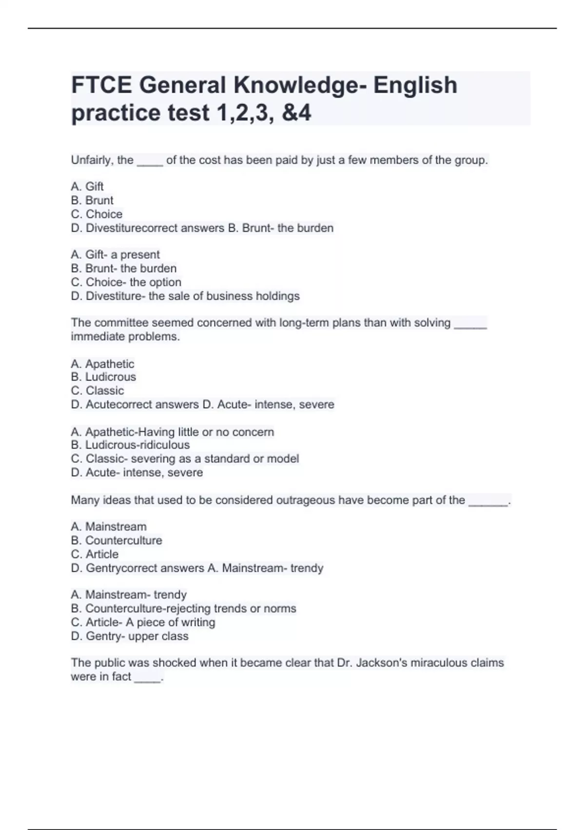 FTCE General Knowledge- English practice test 1,2,3, &4 with perfect ...