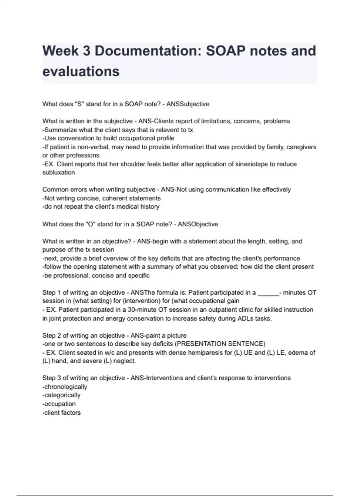 Week 3 Documentation: SOAP notes and evaluations questions and answers ...