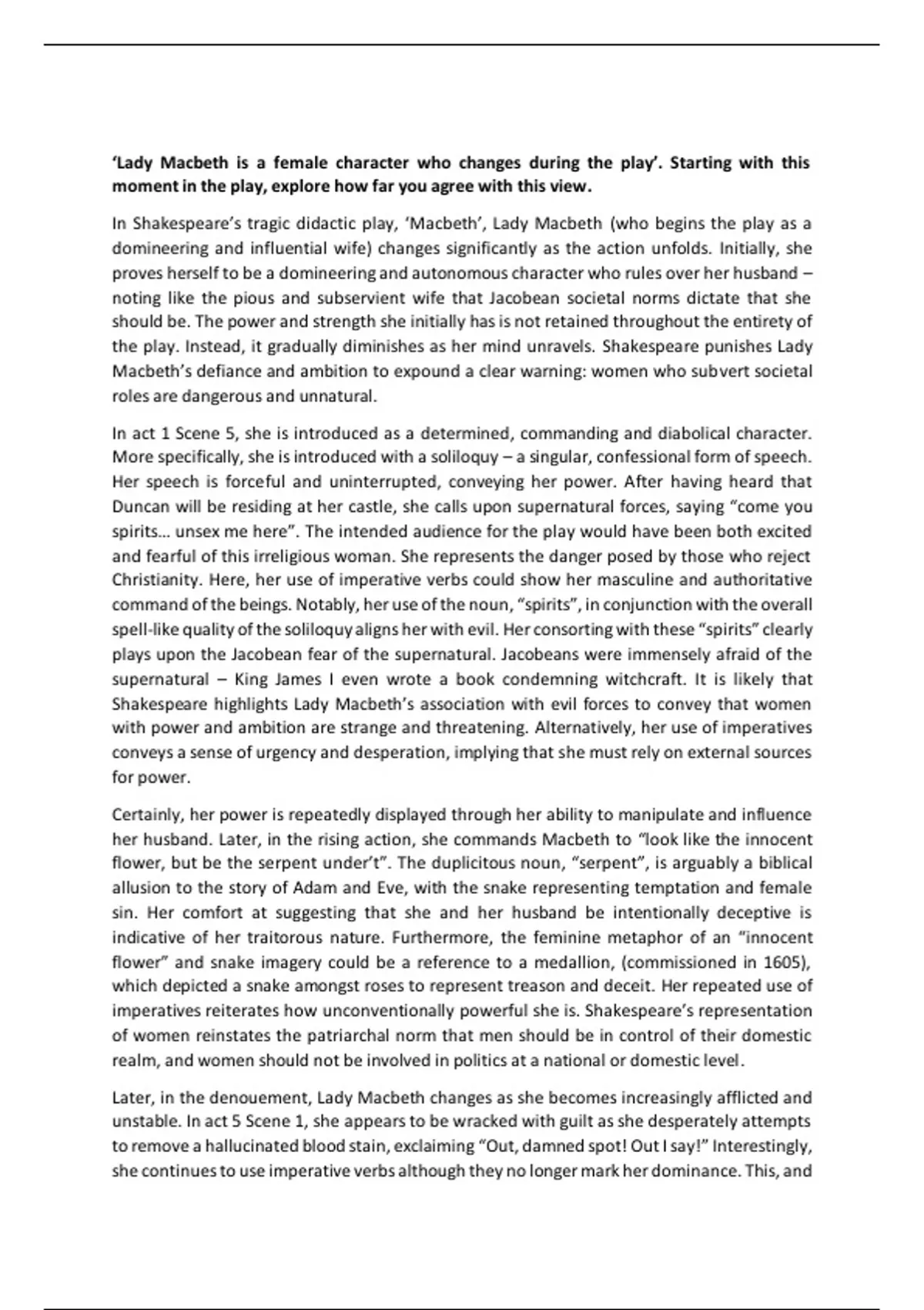 A grade 9 AQA exemplar essay answering the question: Lady Macbeth Is A ...