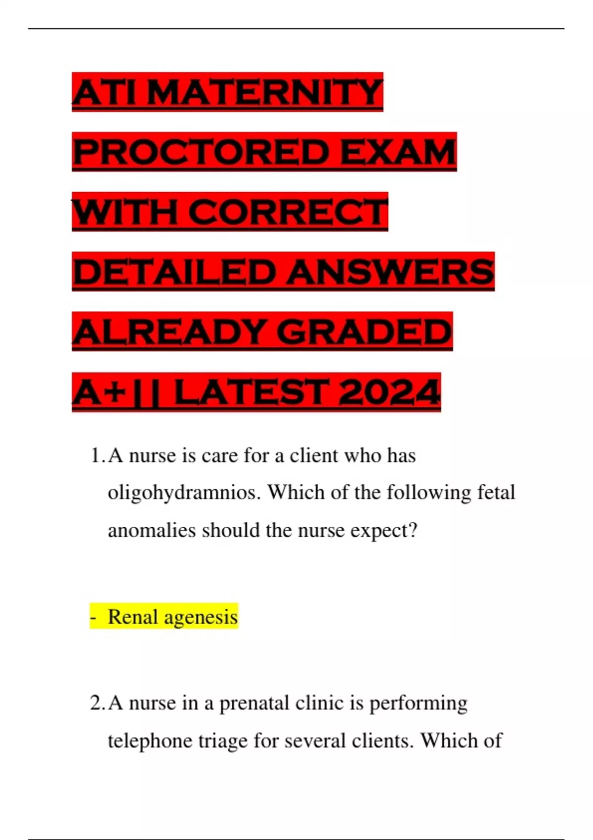ATI MATERNAL NEWBORN PROCTORED EXAM WITH CORRECT DETAILED ANSWER ...