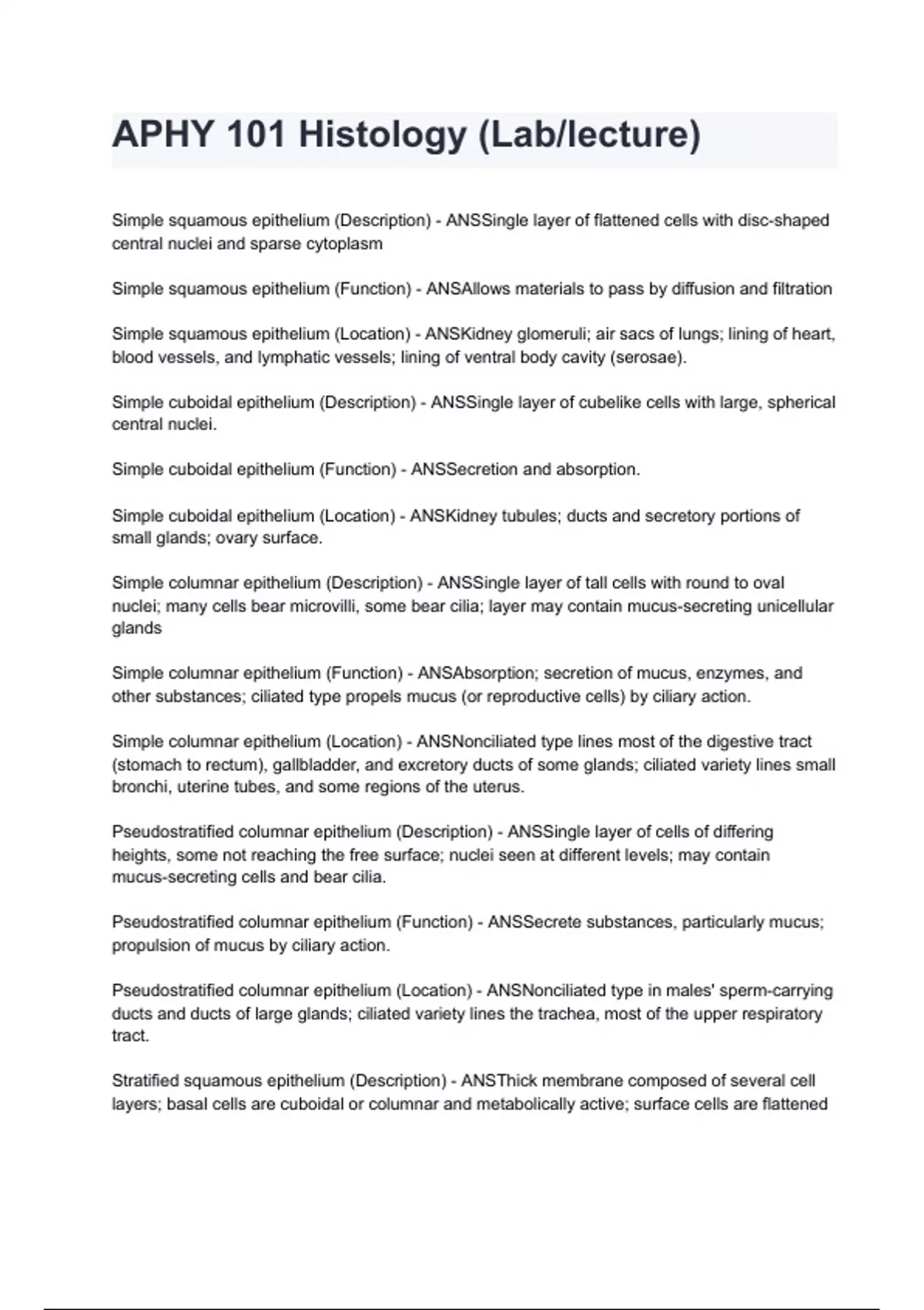 APHY 101 Histology (Lab/lecture) questions and answers A+ score assured ...