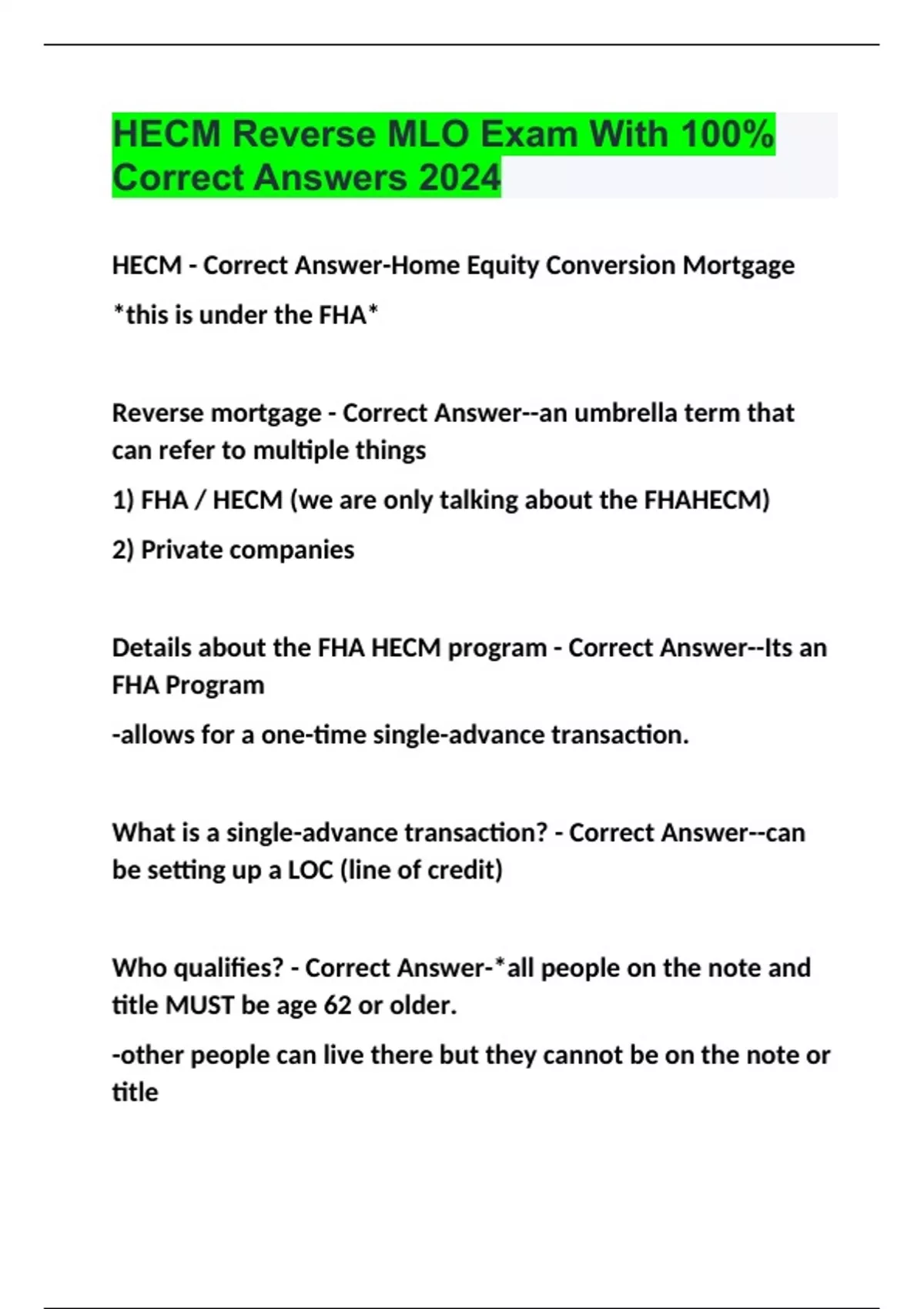 HECM Reverse MLO Exam With 100% Correct Answers 2024 - HECM - Stuvia US
