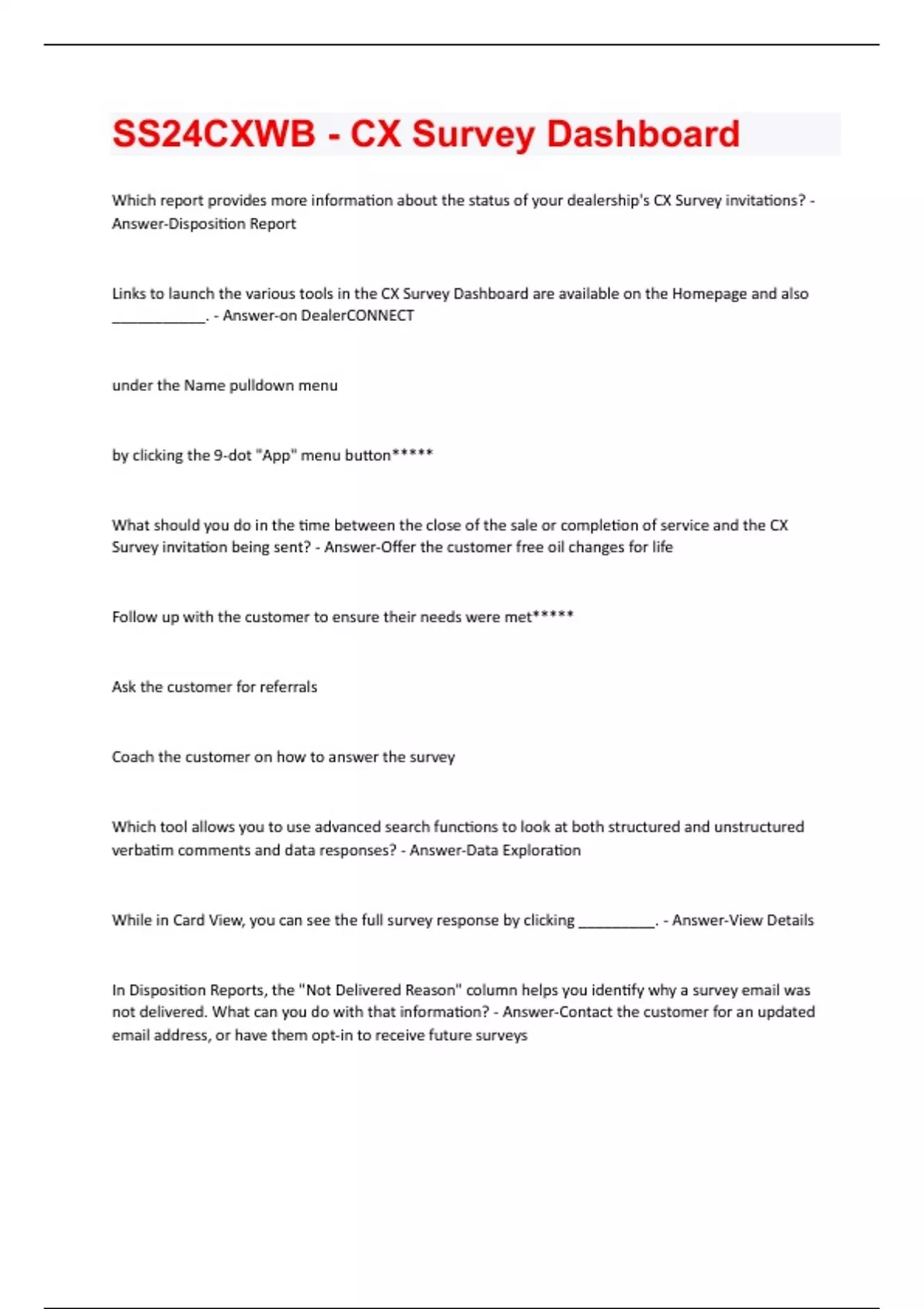 SS24CXWB - CX Survey Dashboard Questions And Answers With Complete ...