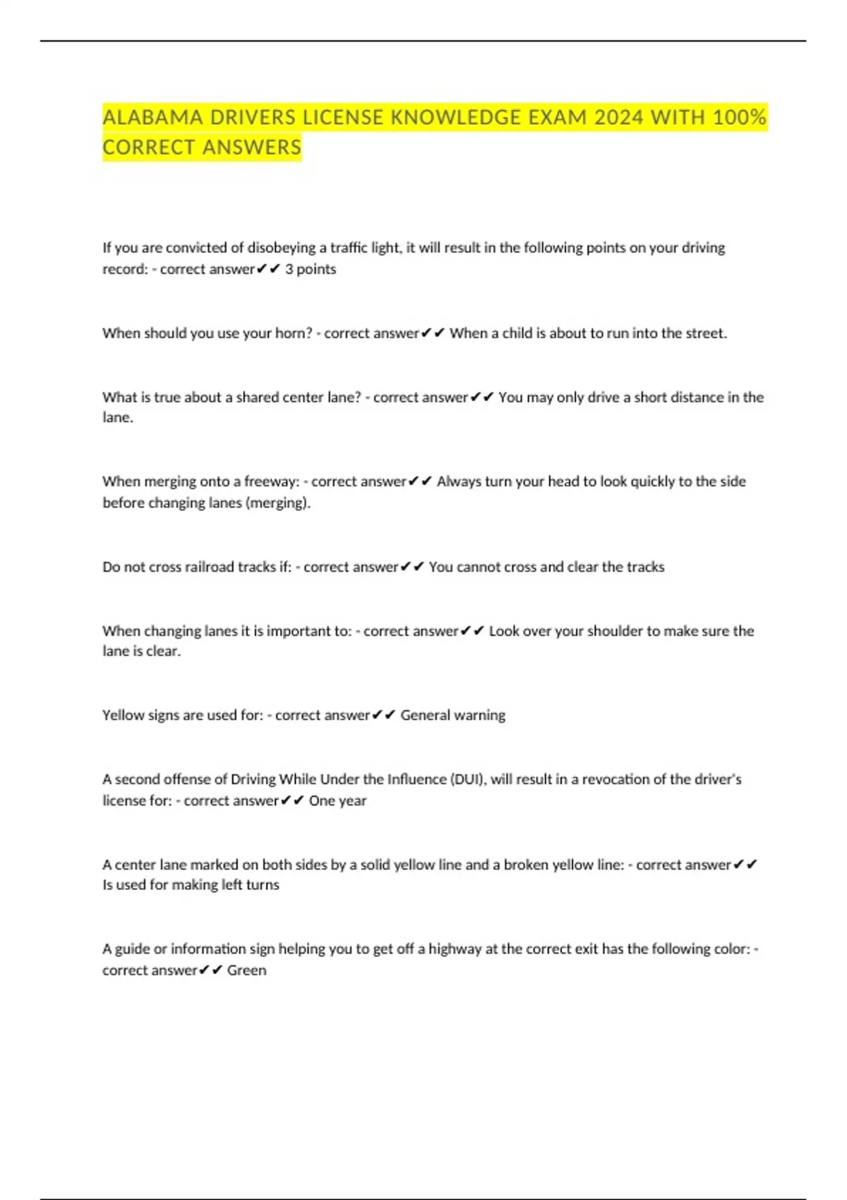 ALABAMA DRIVERS LICENSE KNOWLEDGE EXAM 2024 WITH 100% CORRECT ANSWERS ...