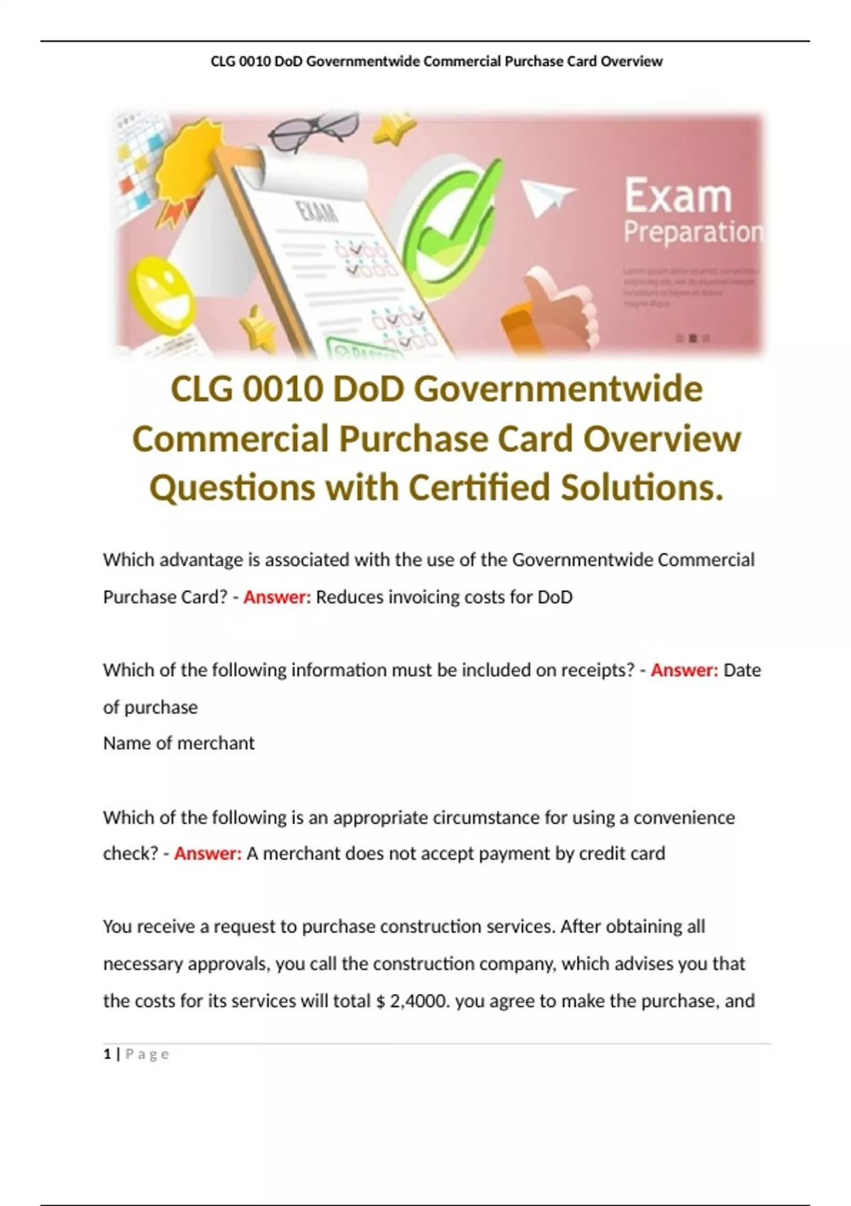 CLG 0010 DoD Governmentwide Commercial Purchase Card Overview Questions with Certified Solutions ...