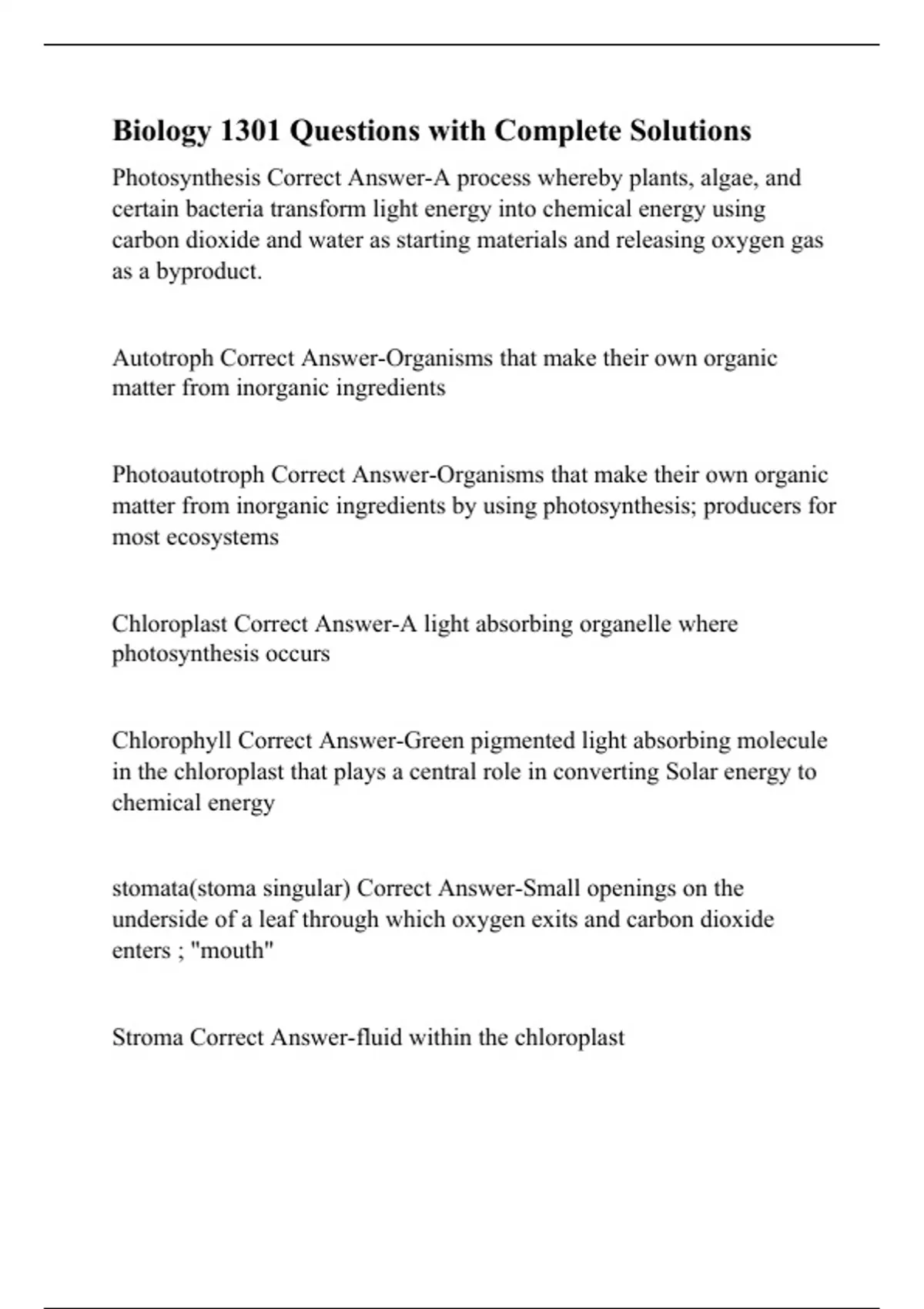 Biology 1301 Questions with Complete Solutions - Biology 1301 - Stuvia US