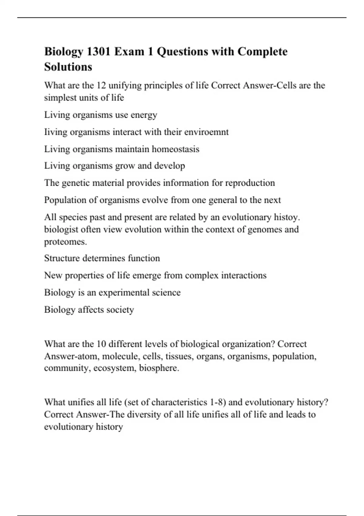Biology 1301 Exam 1 Questions with Complete Solutions - Biology 1301 - Stuvia US
