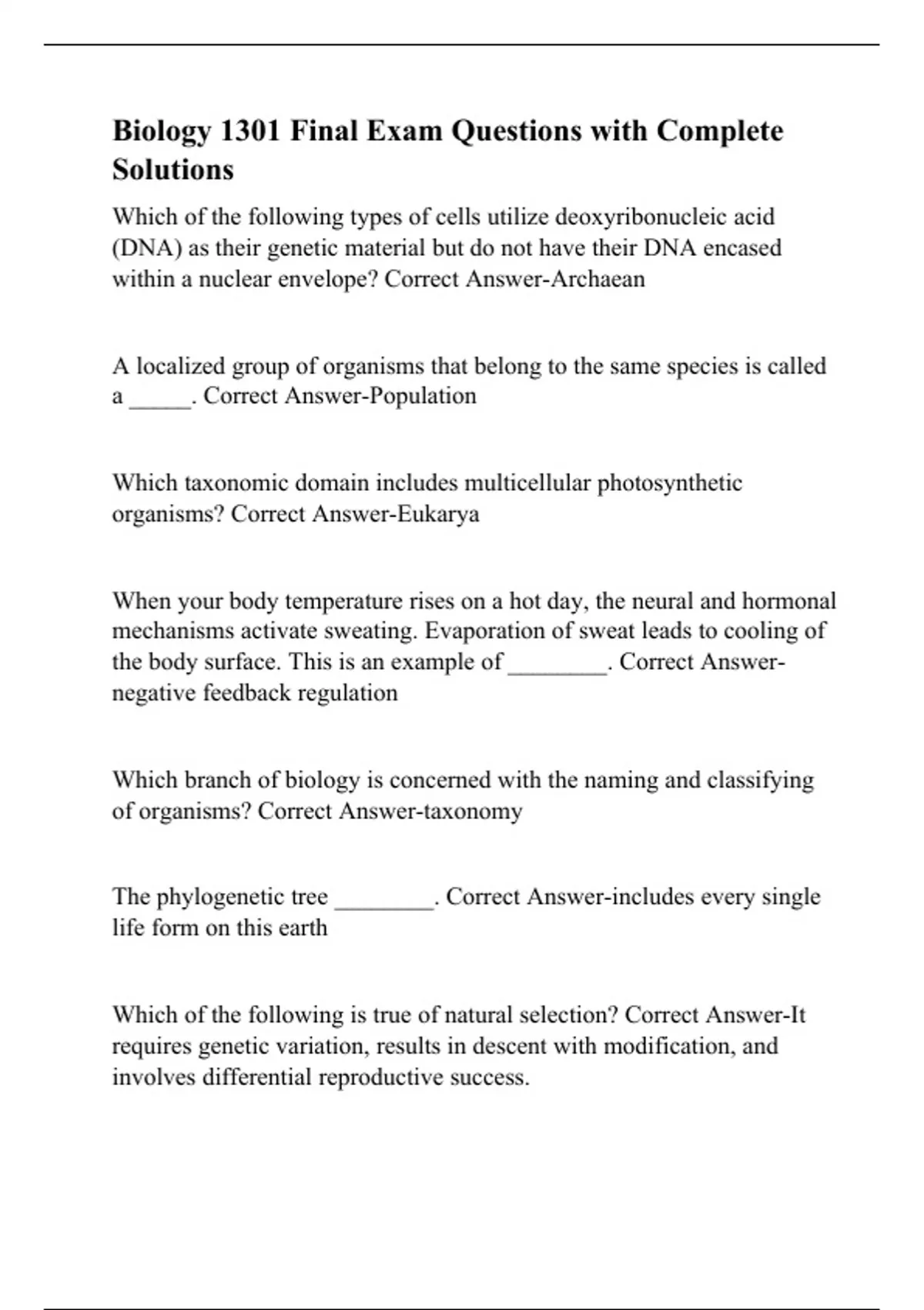 Biology 1301 Final Exam Questions with Complete Solutions - Biology 1301 - Stuvia US