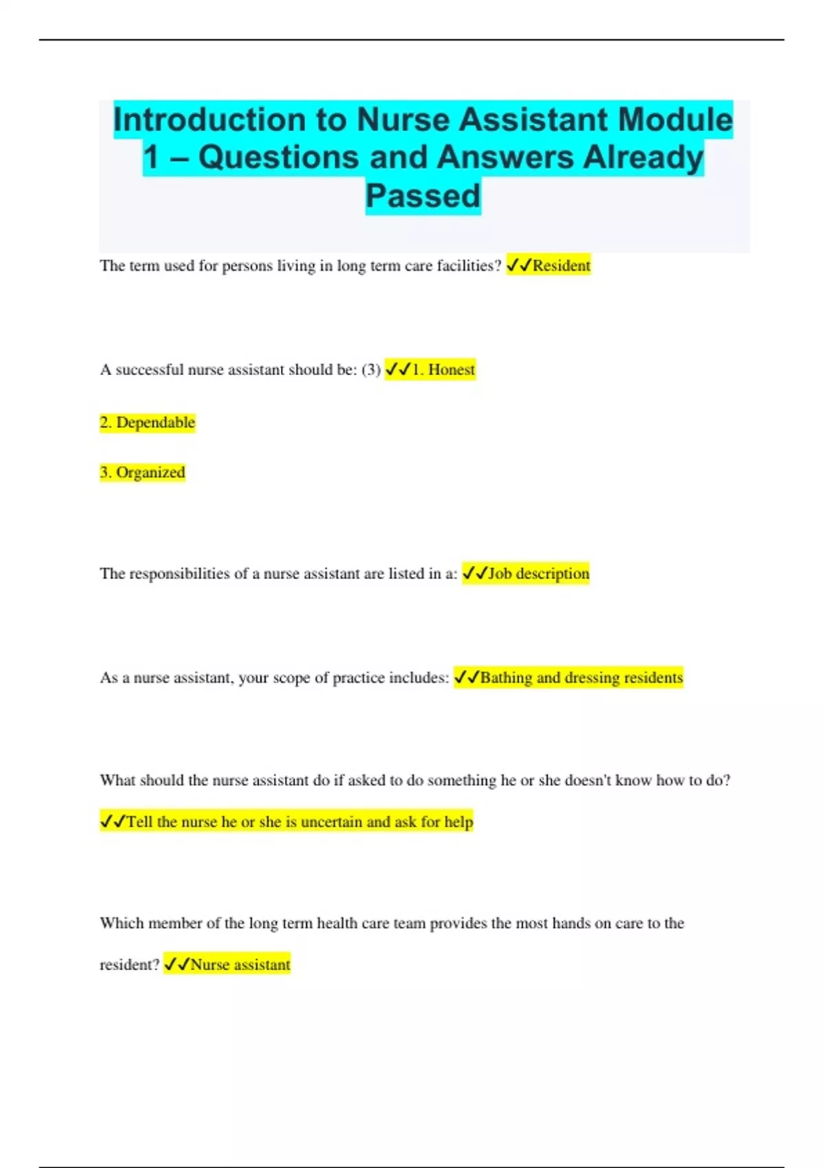 Introduction to Nurse Assistant Module 1 – Questions and Answers ...