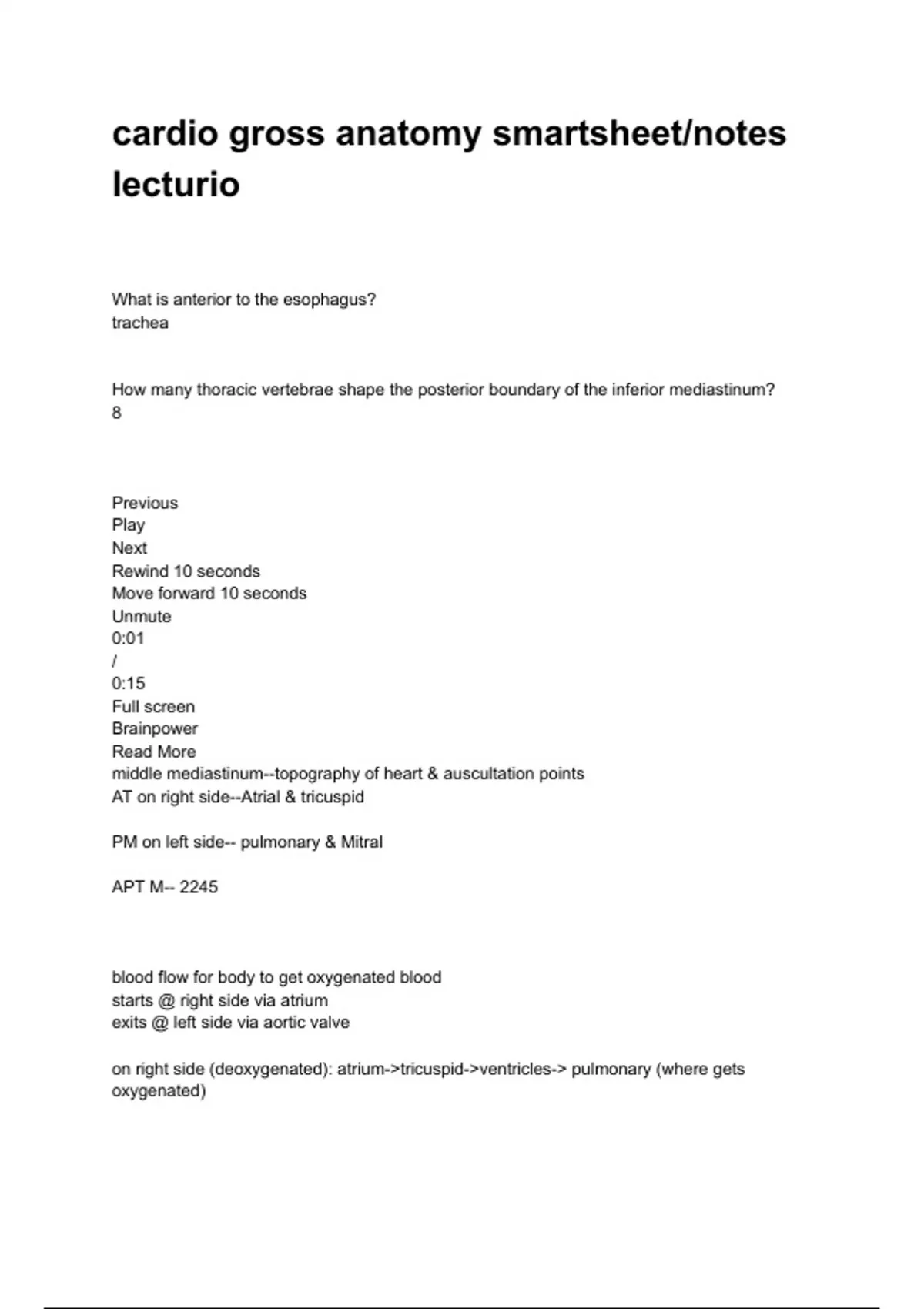 cardio gross anatomy smartsheet/notes lecturio questions and answers A+ ...