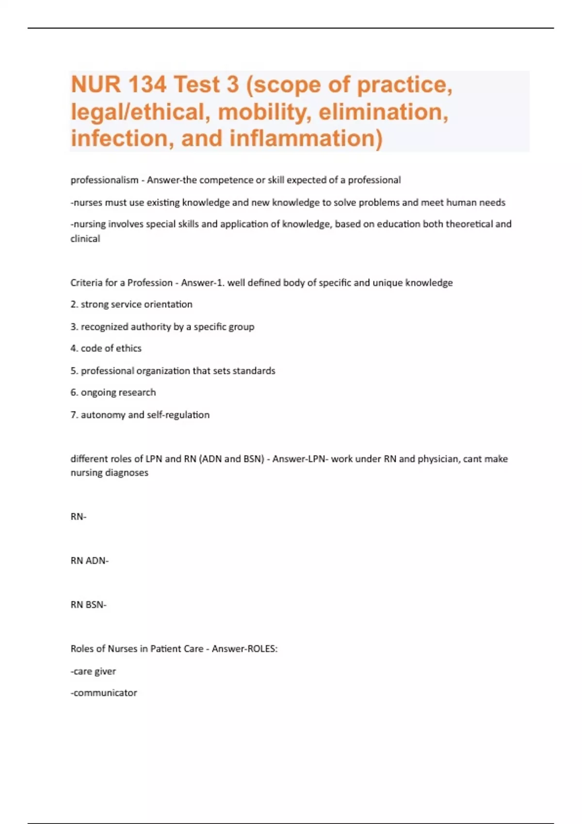 NUR 134 Test 3 (scope of practice, legal/ethical, mobility, elimination ...