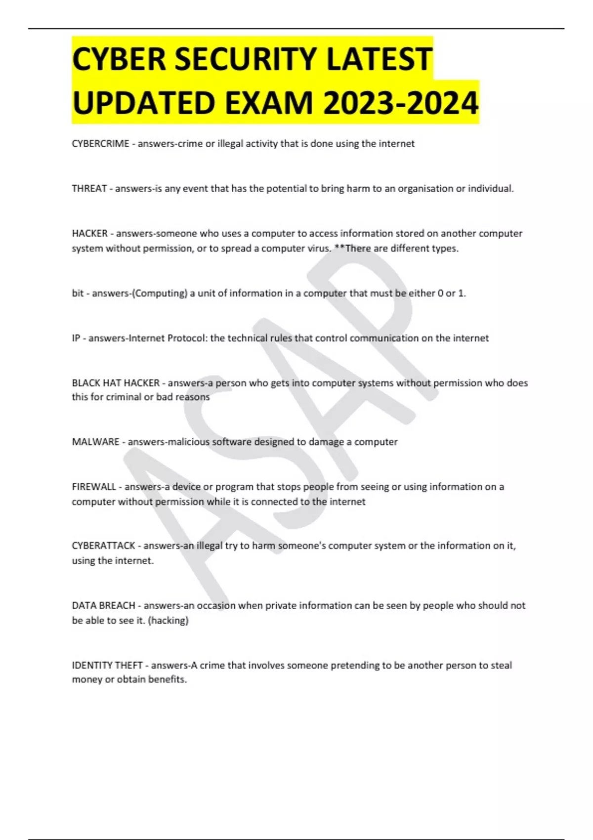 CYBER SECURITY LATEST UPDATED EXAM - CYBER SECURITY - Stuvia US