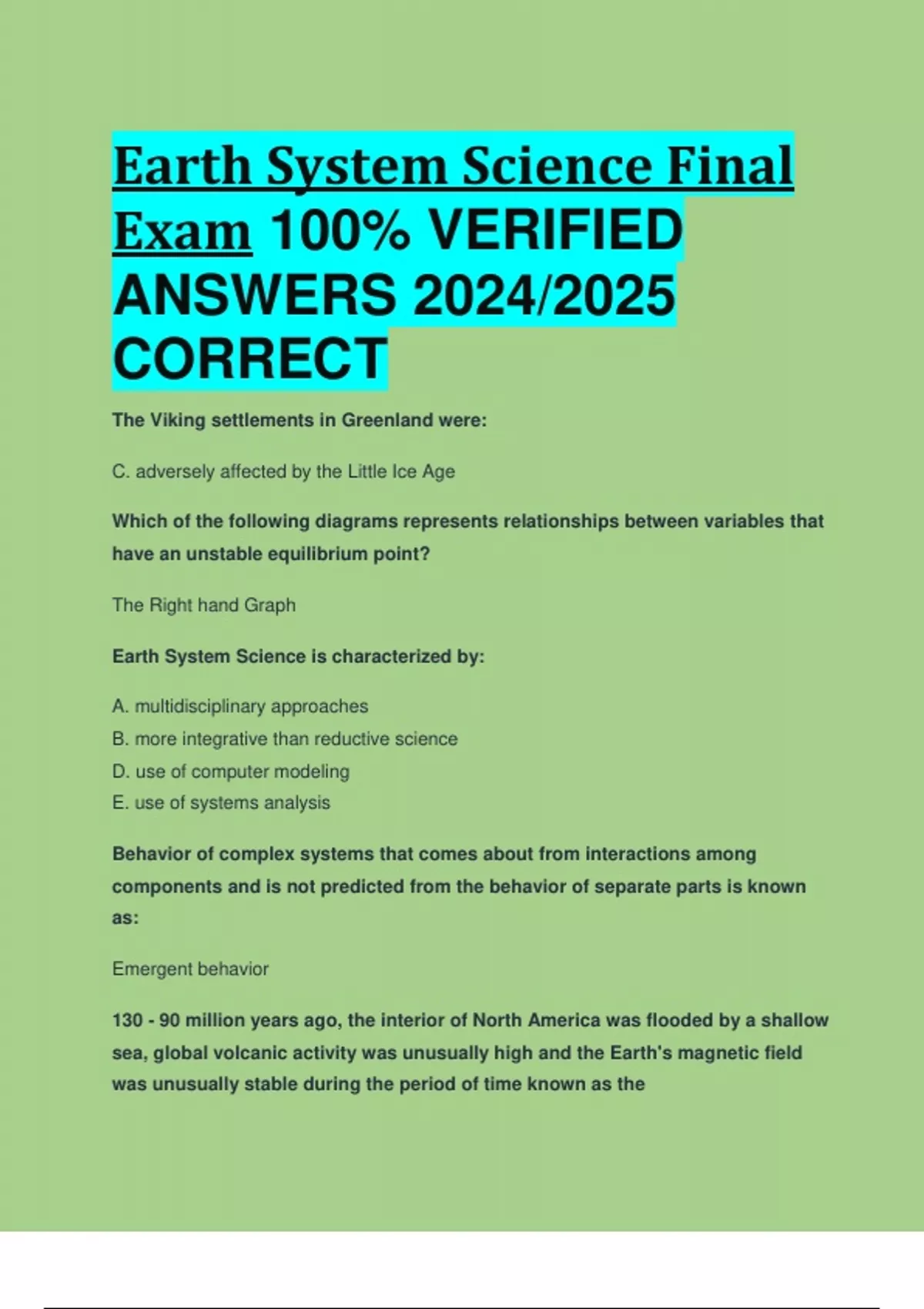 BEST REVIEW Earth System Science Final Exam 100% VERIFIED ANSWERS 2024/2025 CORRECT - Earth ...