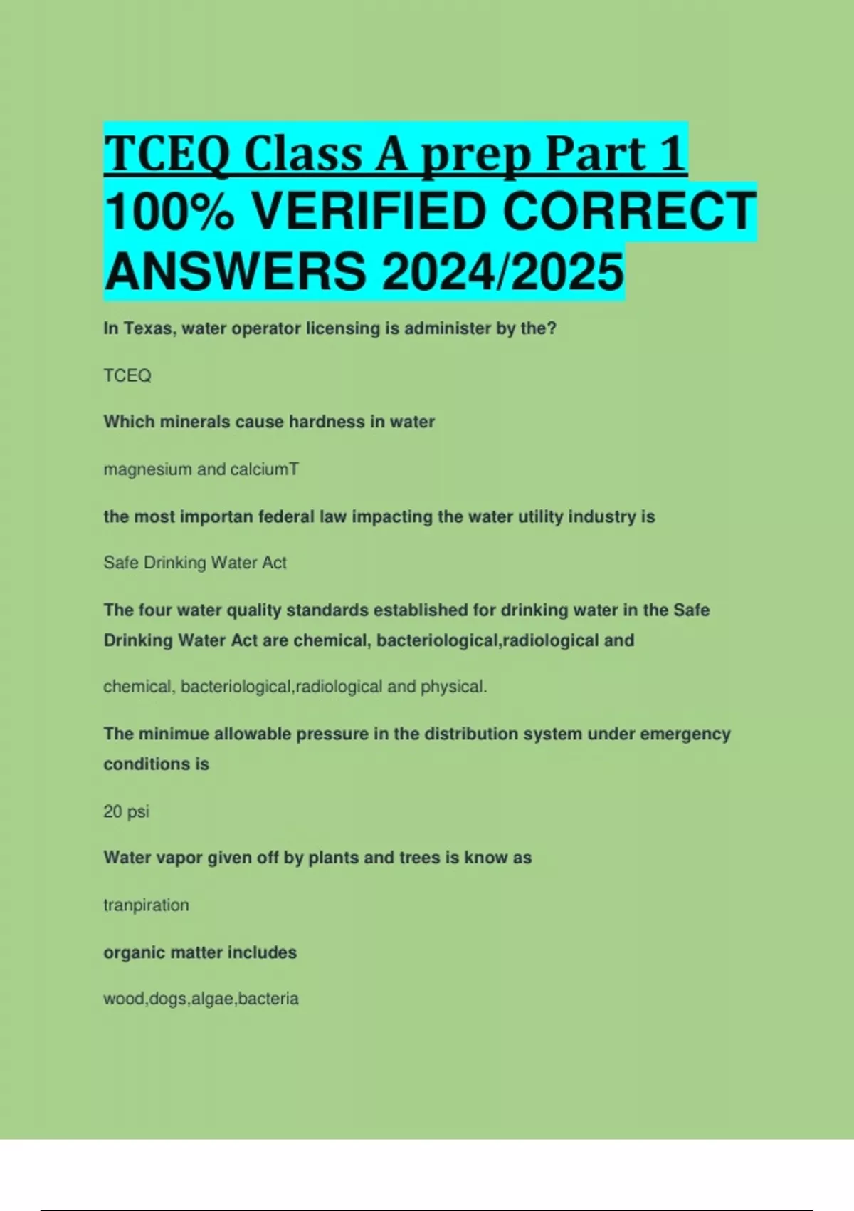 BEST REVIEW TCEQ Class A prep Part 1 100% VERIFIED CORRECT ANSWERS 2024 ...