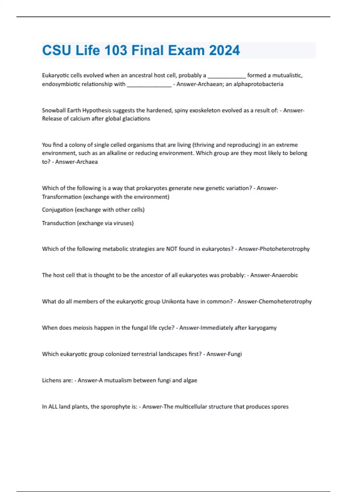 CSU Life 103 Final Exam 2024 Questions And Answers With Verified Study ...