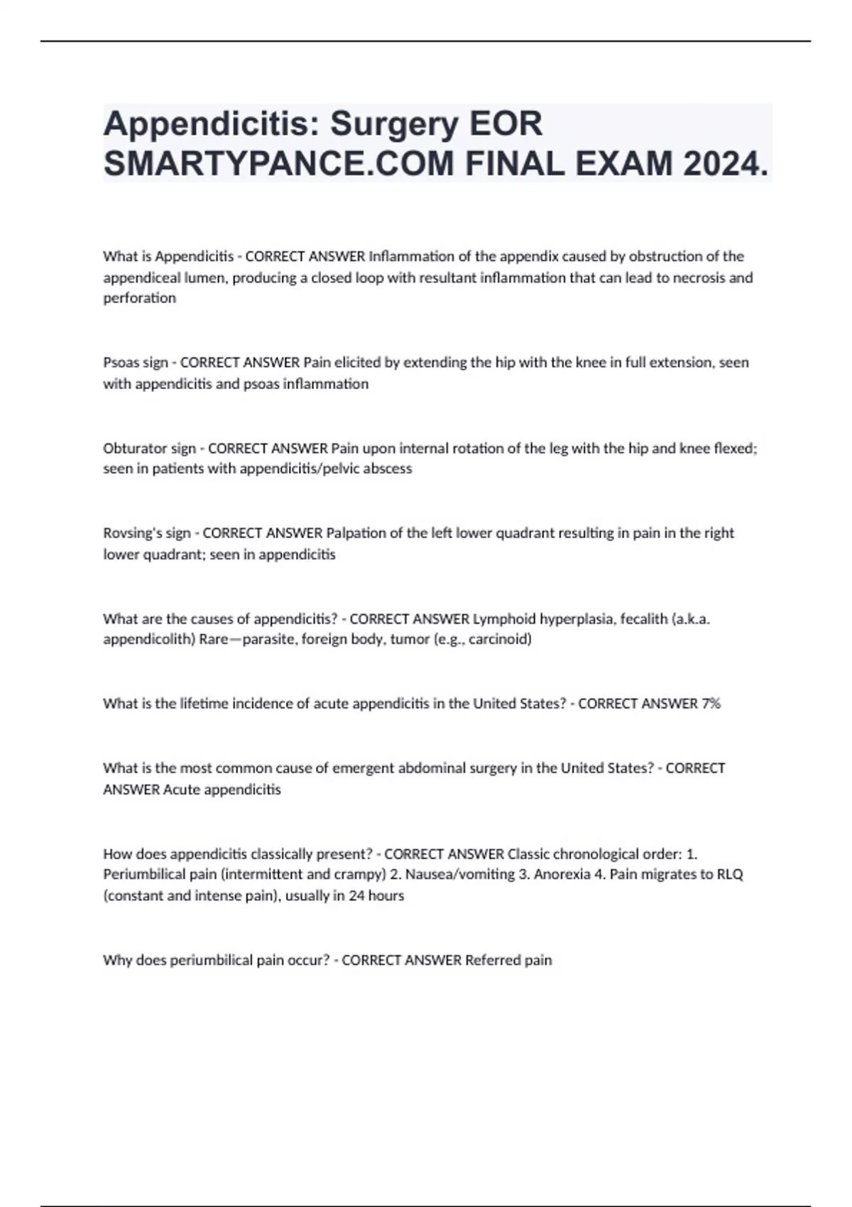 Appendicitis: Surgery EOR SMARTYPANCE.COM FINAL EXAM 2024. - COM. - Stuvia US