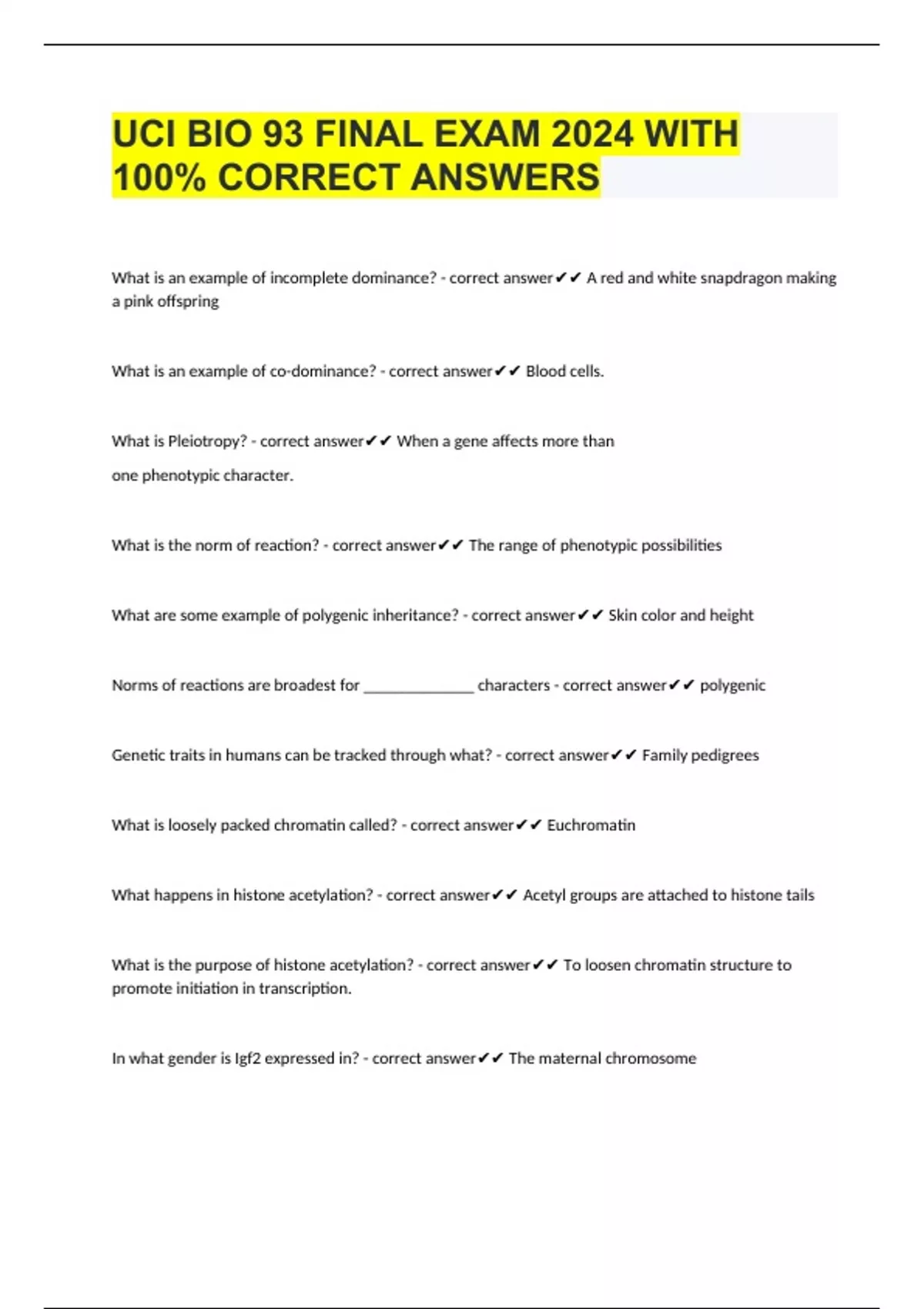 UCI BIO 93 FINAL EXAM 2024 WITH 100% CORRECT ANSWERS - UCI BIO 93 ...