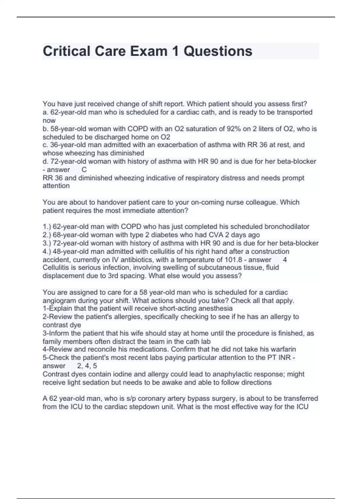 Critical Care Exam 1 Questions and Answers 2024 - CARE - Stuvia US