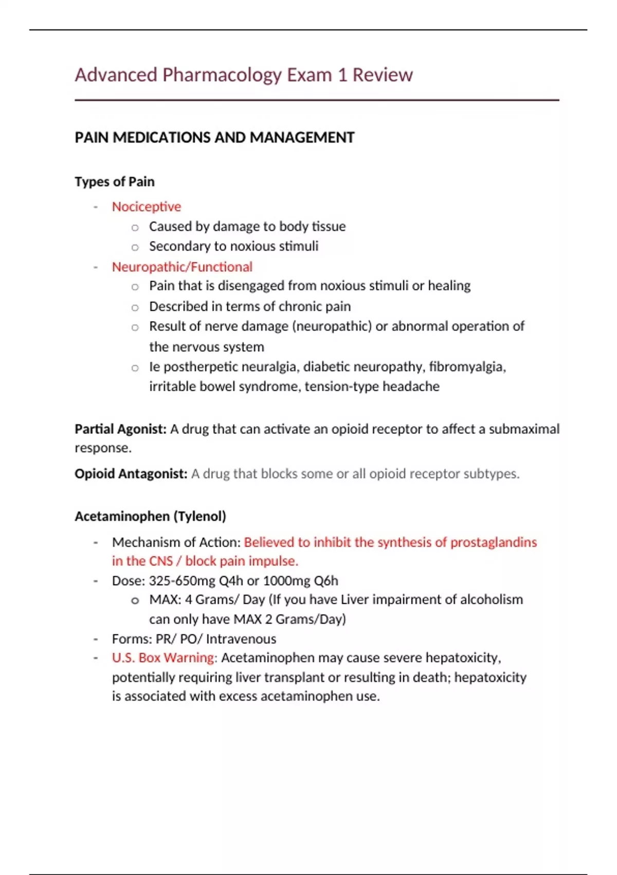 Advanced Pharmacology Exam 1 Review PAIN MEDICATIONS AND MANAGEMENT ...