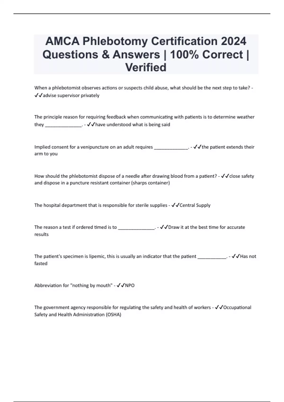 AMCA Phlebotomy Certification 2024 Questions & Answers | 100% Correct ...