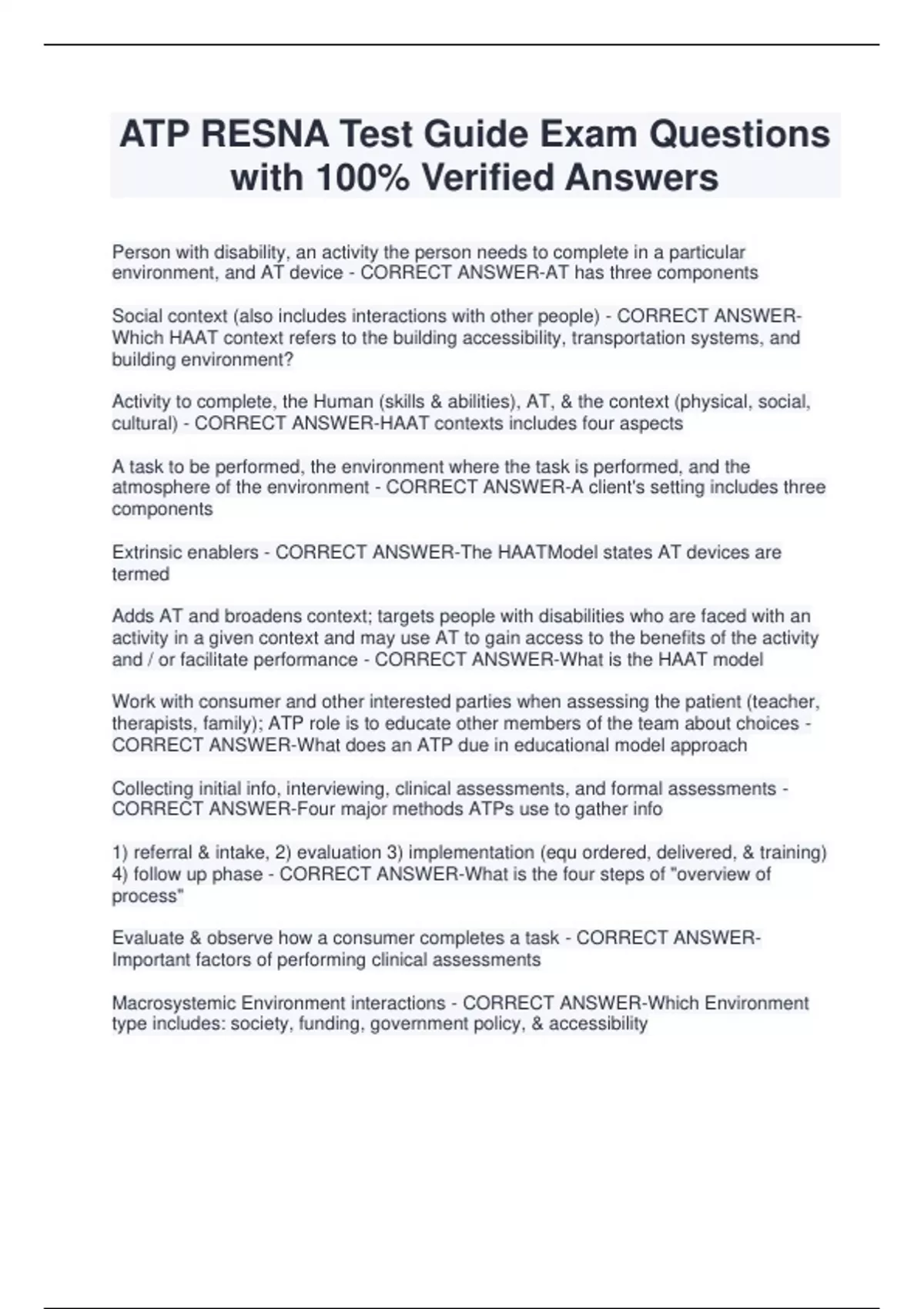 ATP RESNA Test Guide Exam Questions with 100% Verified Answers - ATP ...