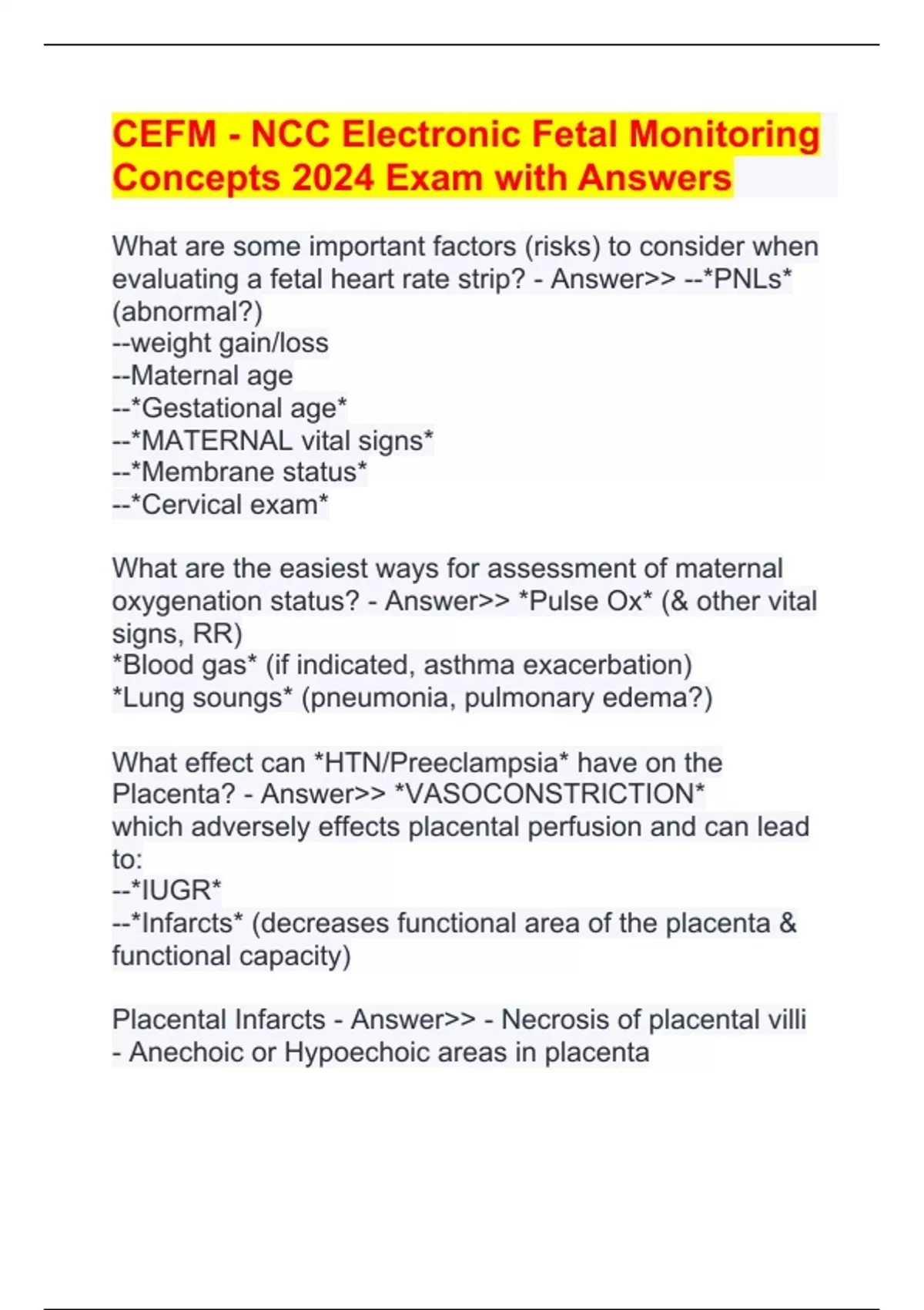 CEFM - NCC Electronic Fetal Monitoring Concepts 2024 Exam with Answers - Ncc efm - Stuvia US