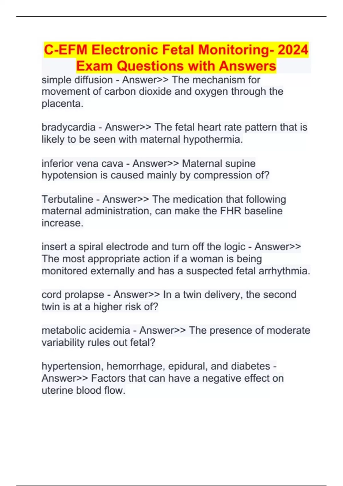 C-EFM Electronic Fetal Monitoring- 2024 Exam Questions with Answers - Ncc efm - Stuvia US