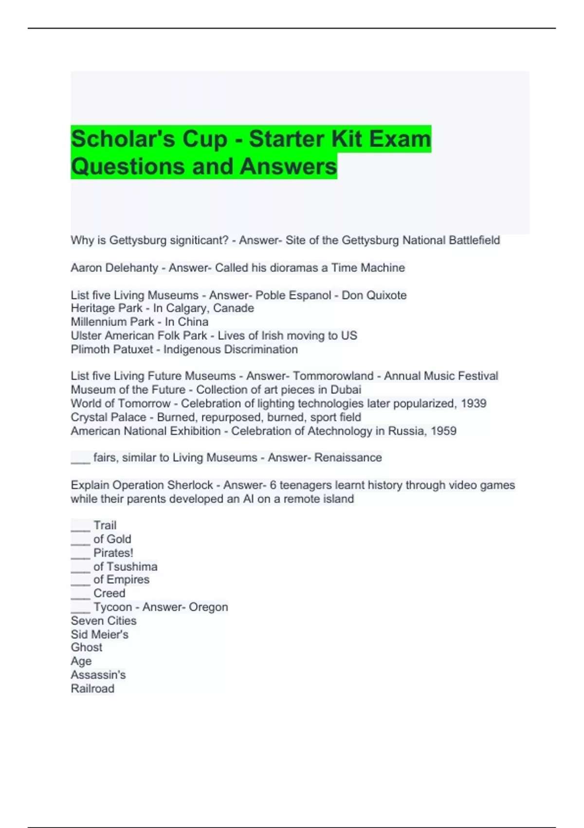 Scholar's Cup - Starter Kit Exam Questions and Answers - World Scholar ...