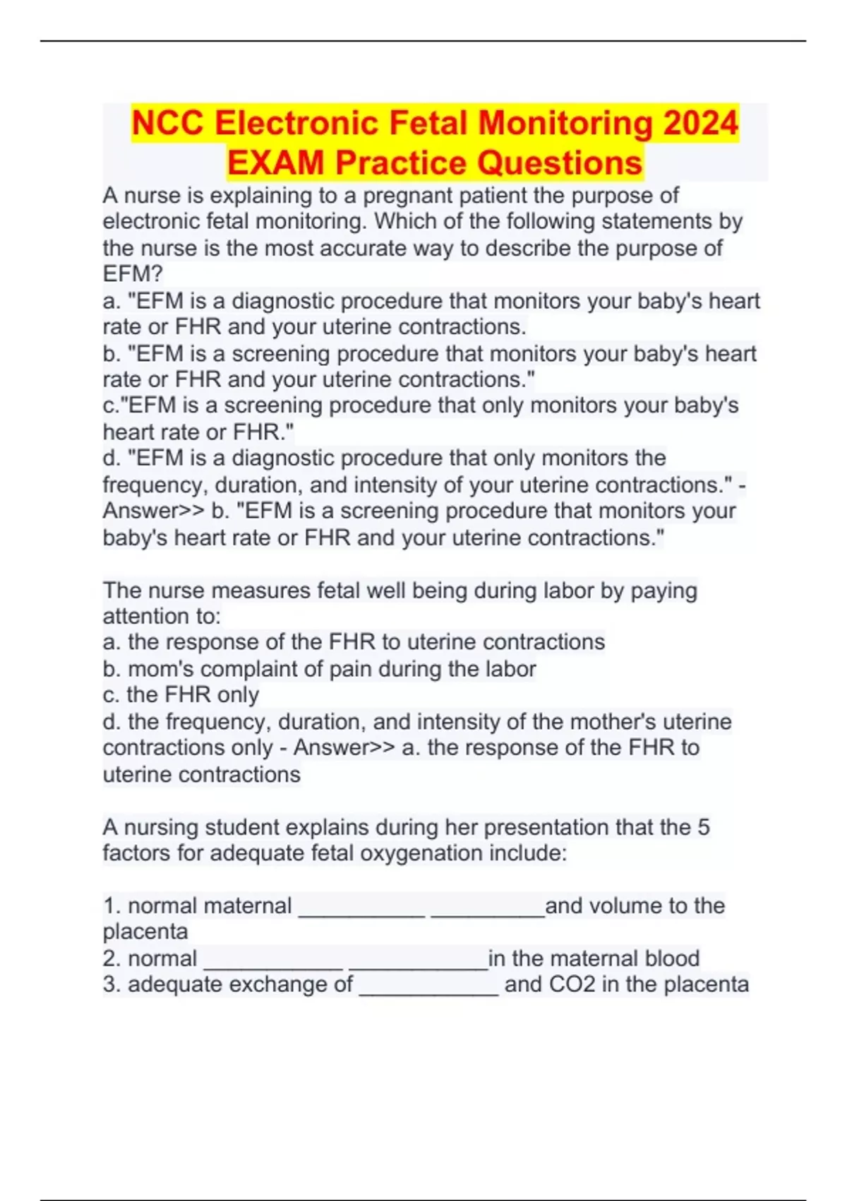 NCC Electronic Fetal Monitoring 2024 EXAM Practice Questions - Ncc efm ...
