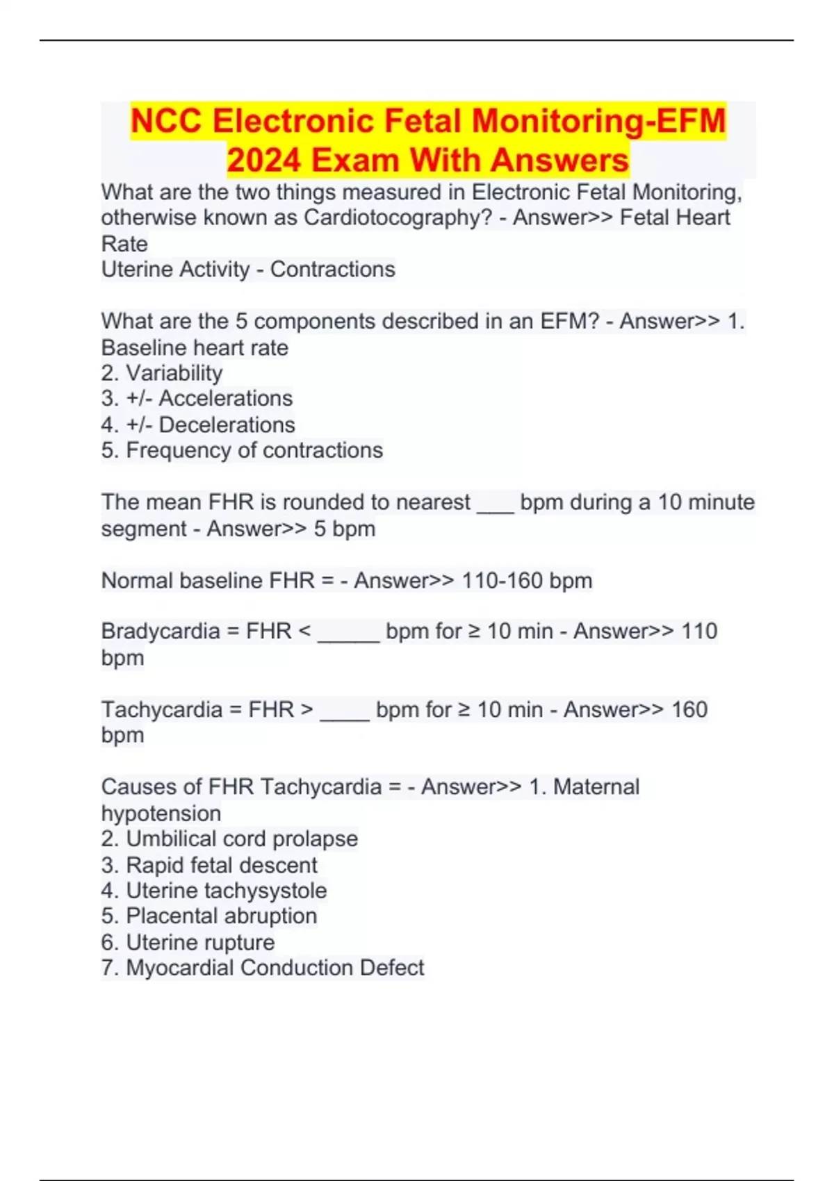 NCC Electronic Fetal Monitoring-EFM 2024 Exam With Answers - Ncc efm - Stuvia US