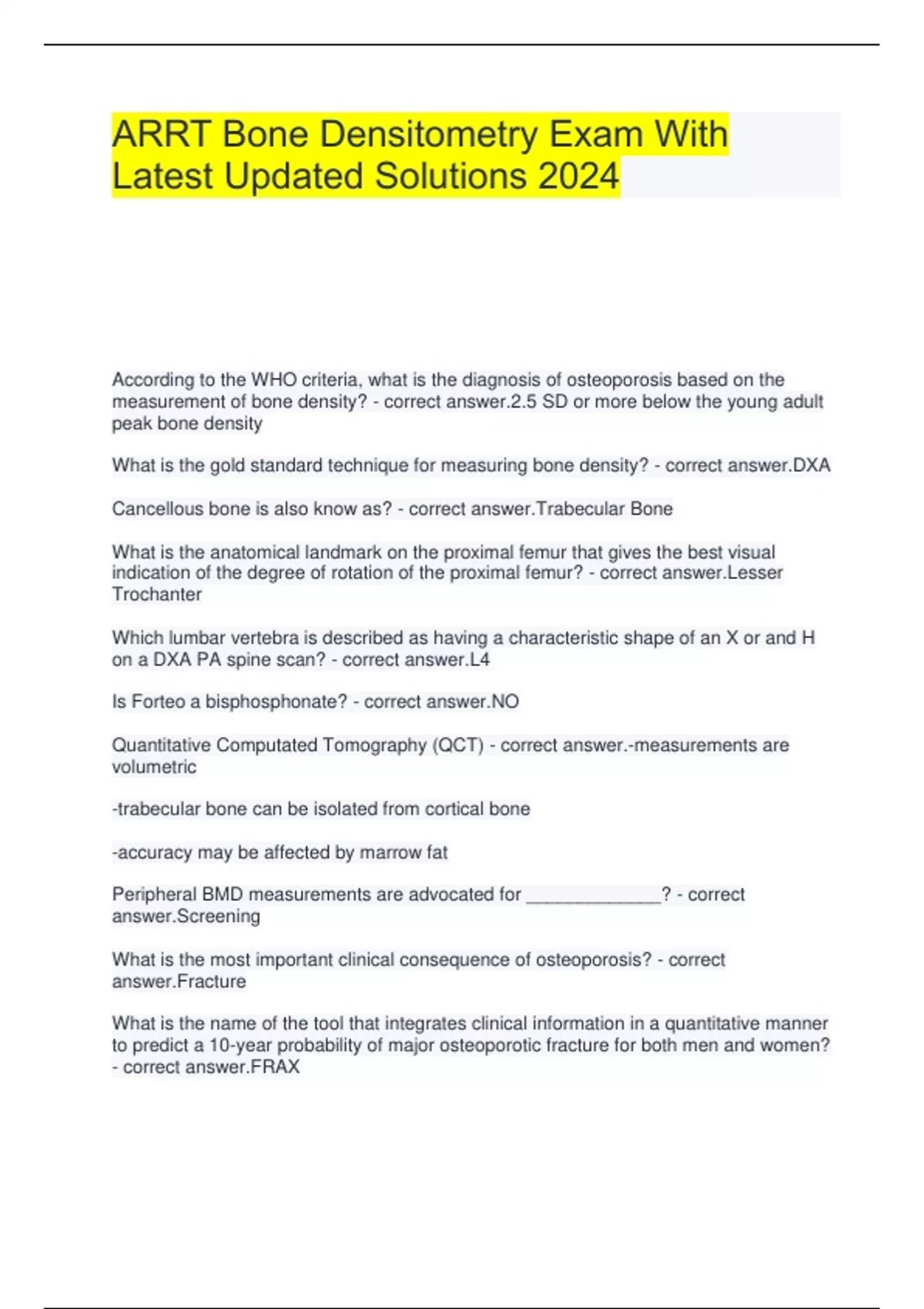 ARRT Bone Densitometry Exam With Latest Updated Solutions 2024 - ARRT ...