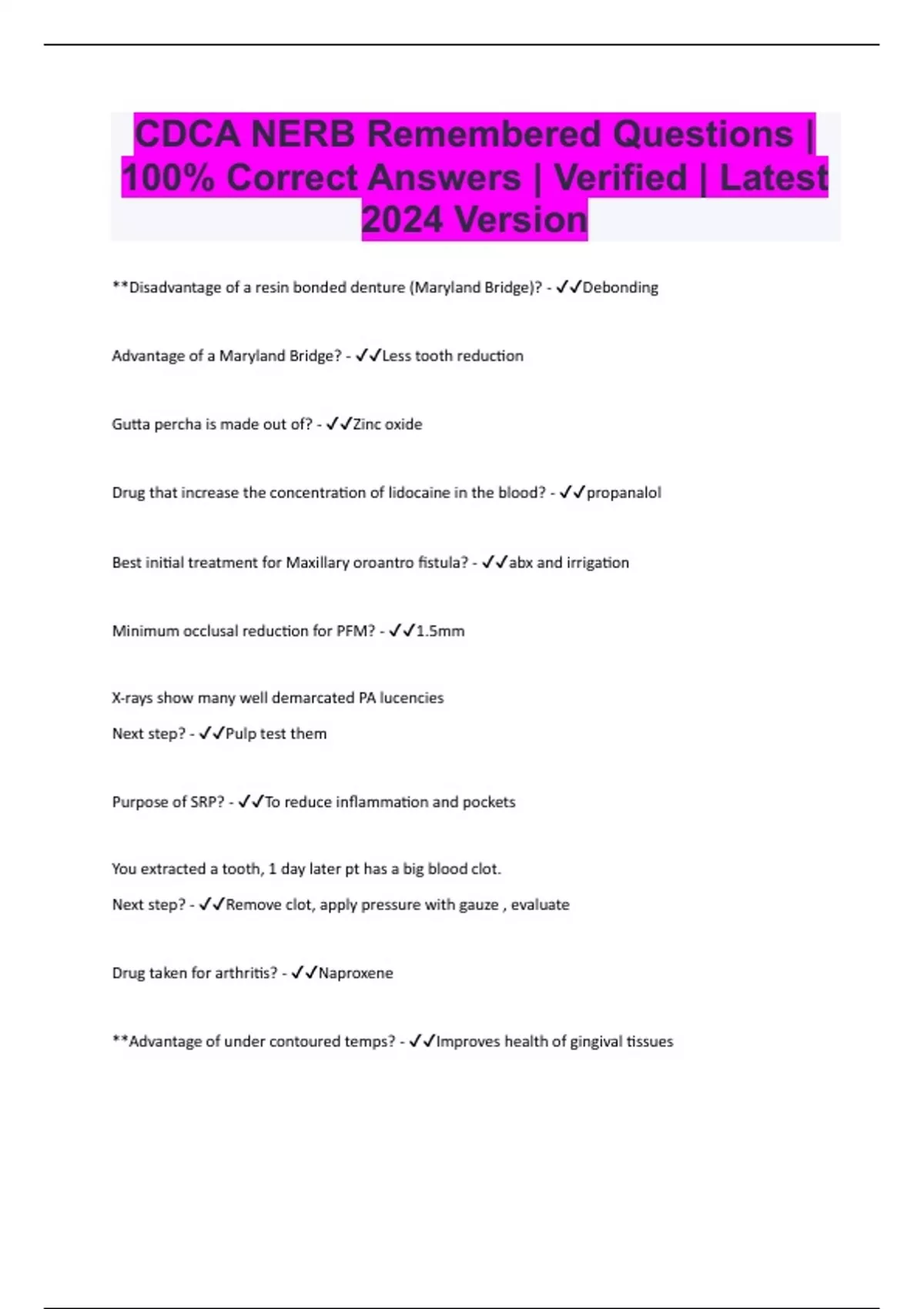 CDCA NERB Remembered Questions | 100% Correct Answers | Verified ...