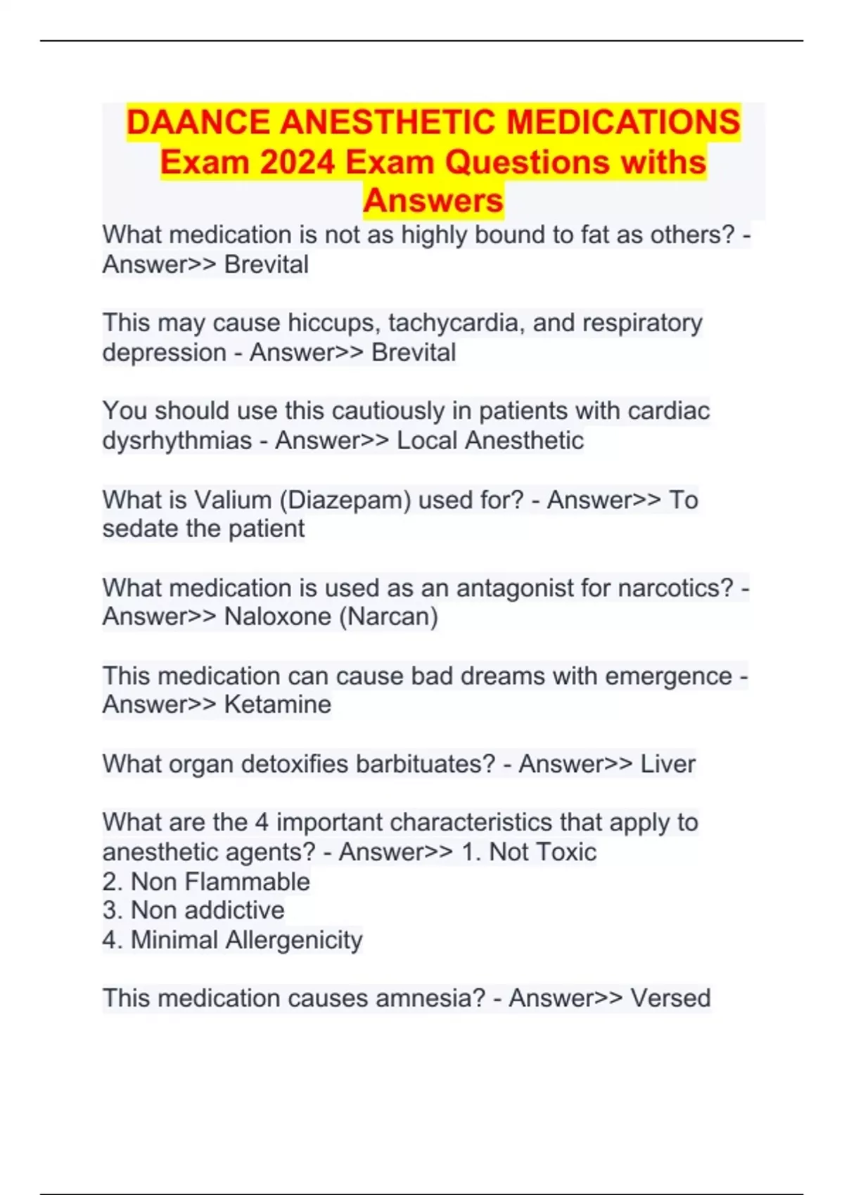 DAANCE ANESTHETIC MEDICATIONS Exam 2024 Exam Questions withs Answers ...