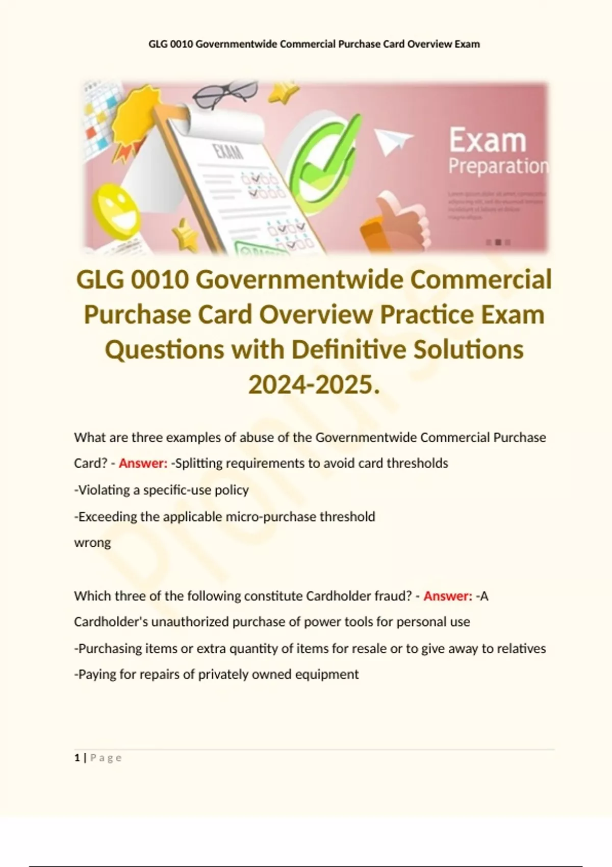 GLG 0010 Governmentwide Commercial Purchase Card Overview Practice Exam Questions with ...
