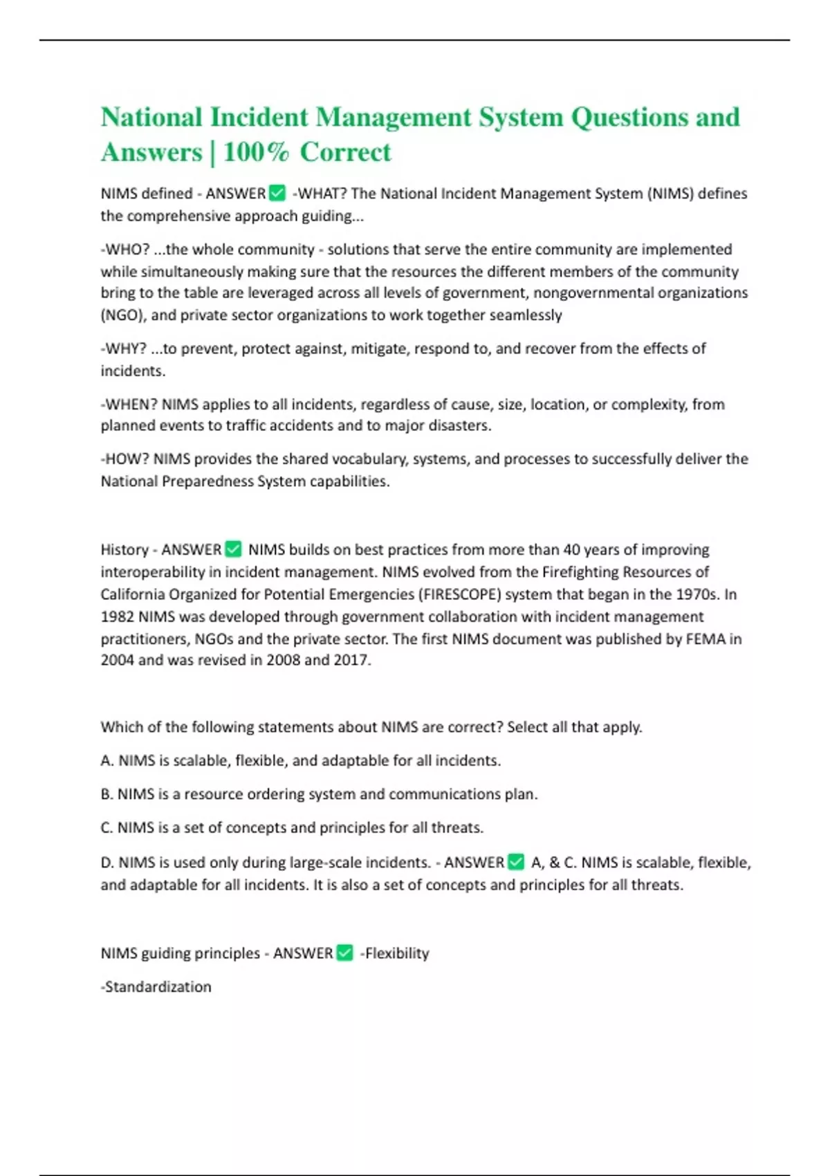 National Incident Management System Questions and Answers | 100% ...